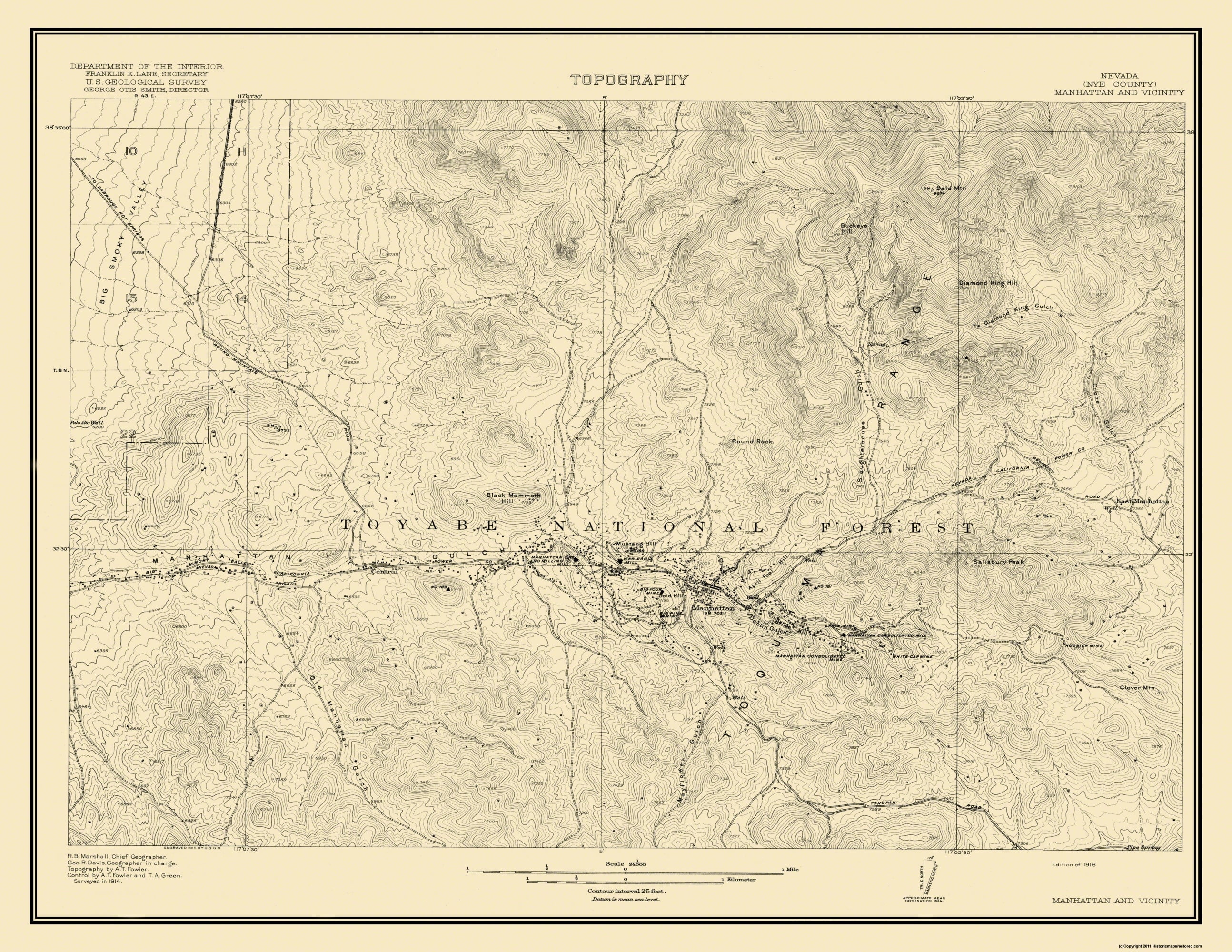 Topographical Map - Manhattan Vicinity Nevada - USGS 1916 - 29.77 x 23 ...