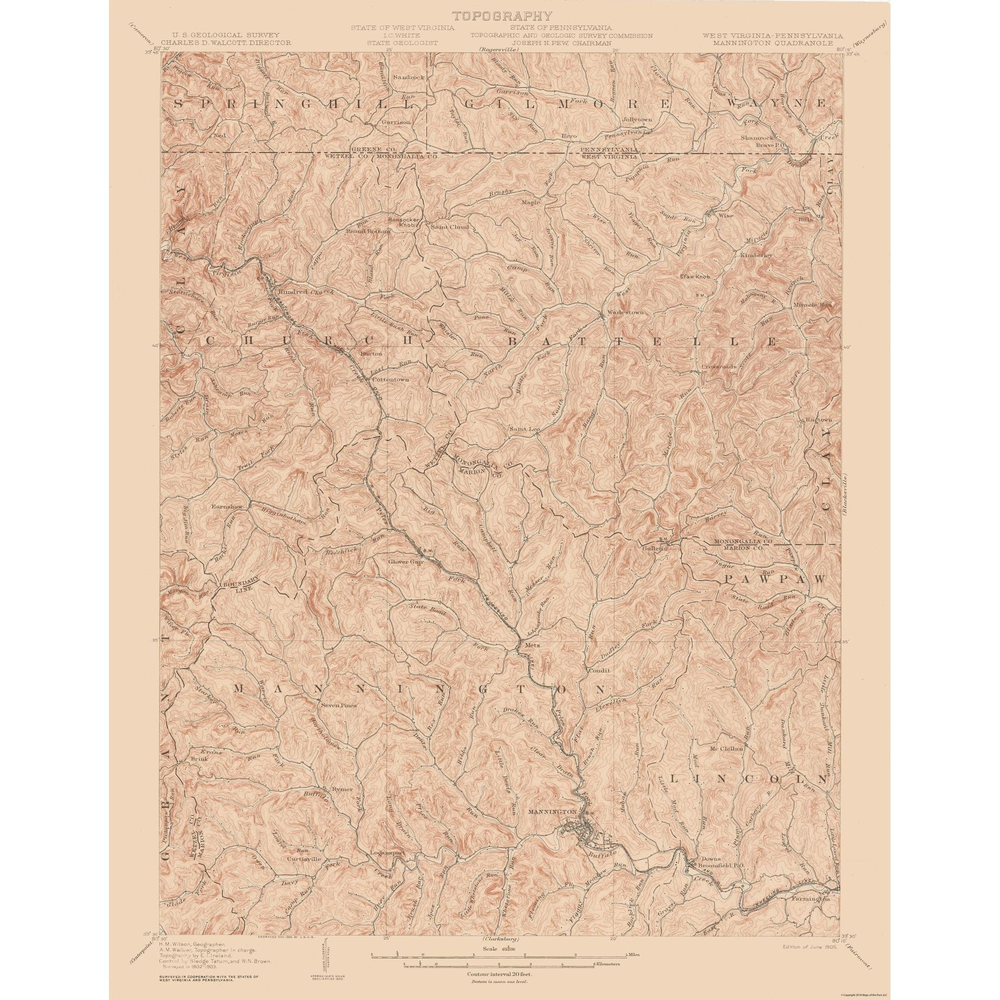 Topographical Map - Mannington West Virginia Quad - USGS 1905 - 23 x 29 ...