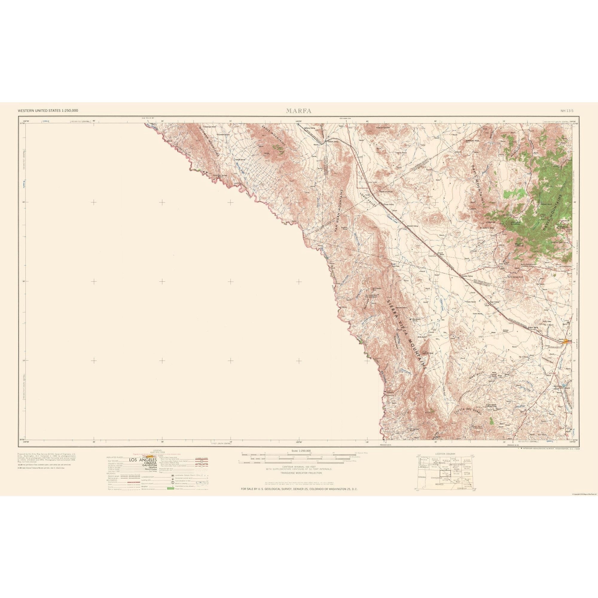 Topographical Map - Marfa Texas Quad - USGS 1959 - 34.94 x 23 - Vintage ...