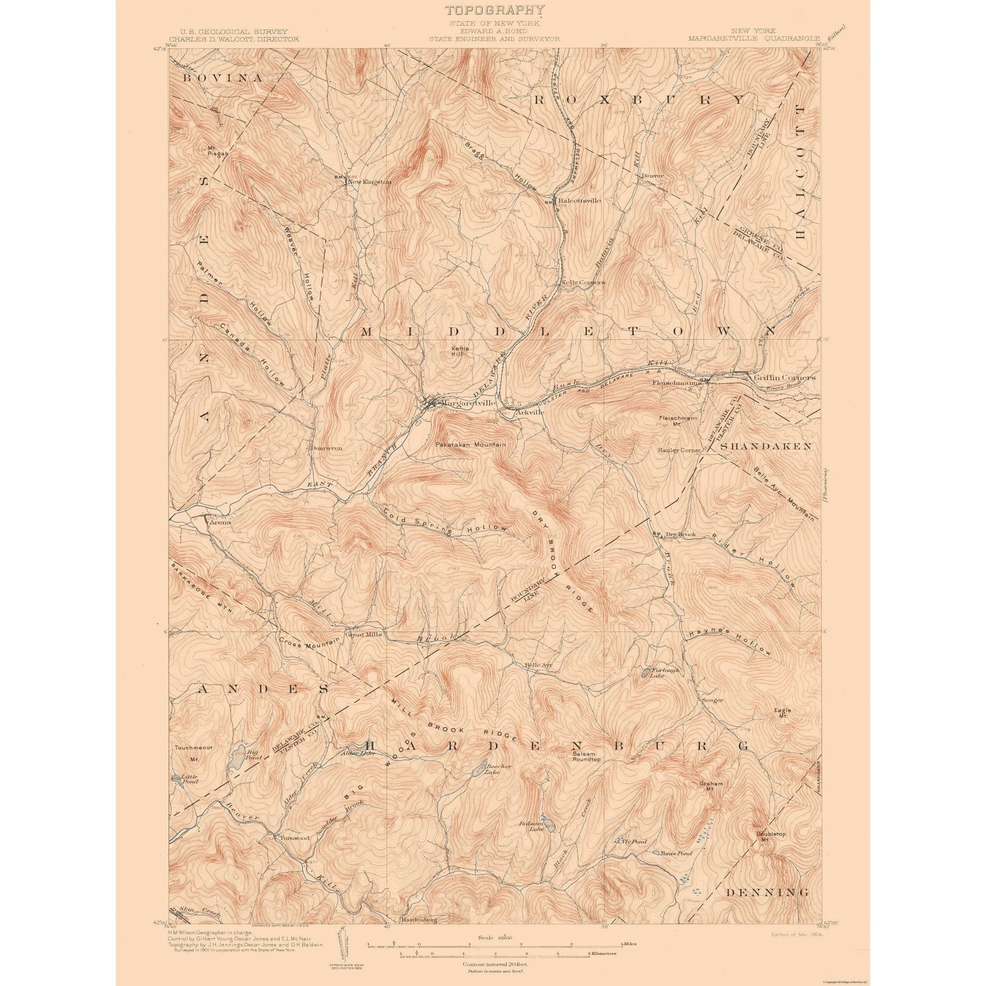 Topographical Map - Margaretville New York Quad - USGS 1904 - 23 x 30. ...