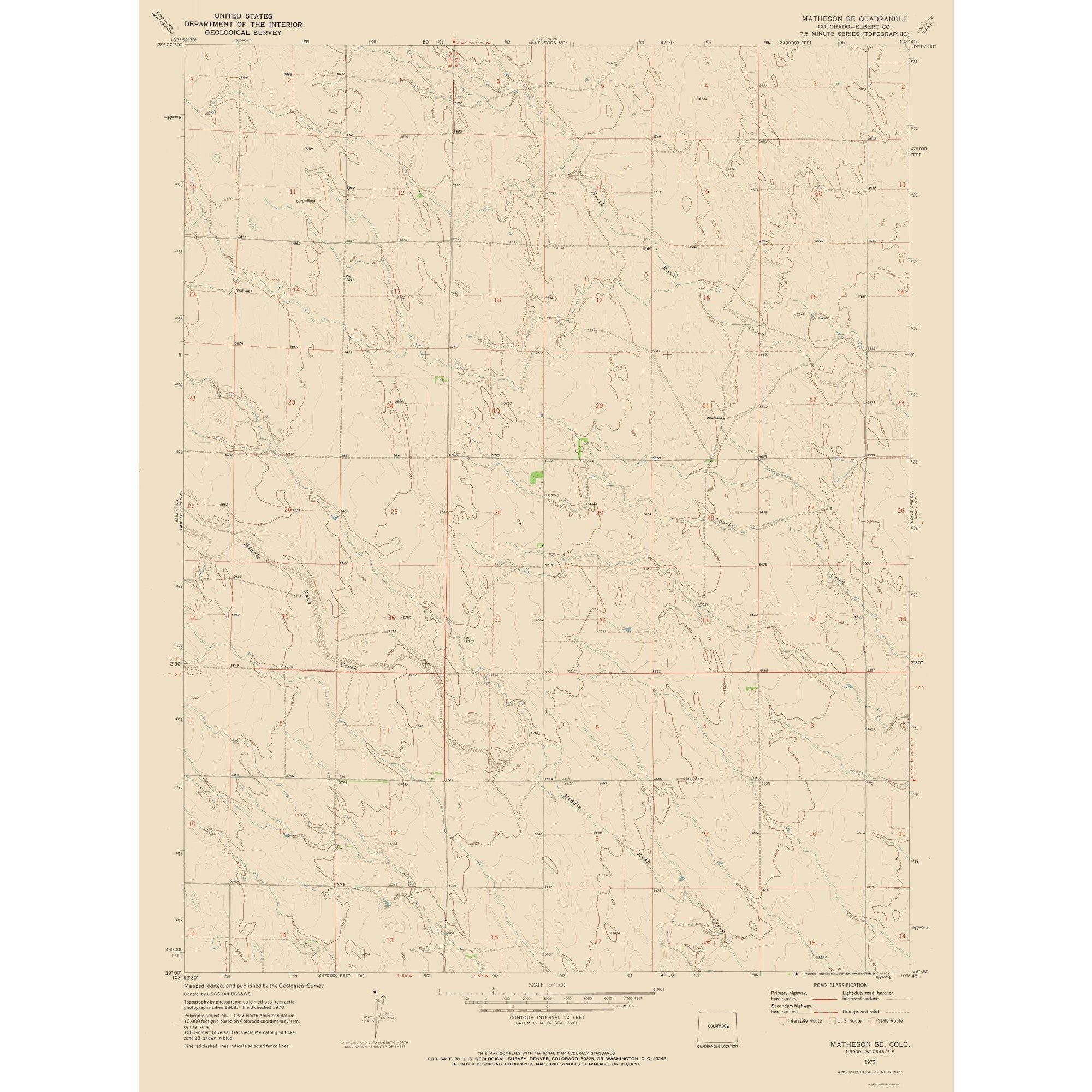 Topographical Map - Matheson Southeast Colorado Quad - USGS 1970 - 23 x ...