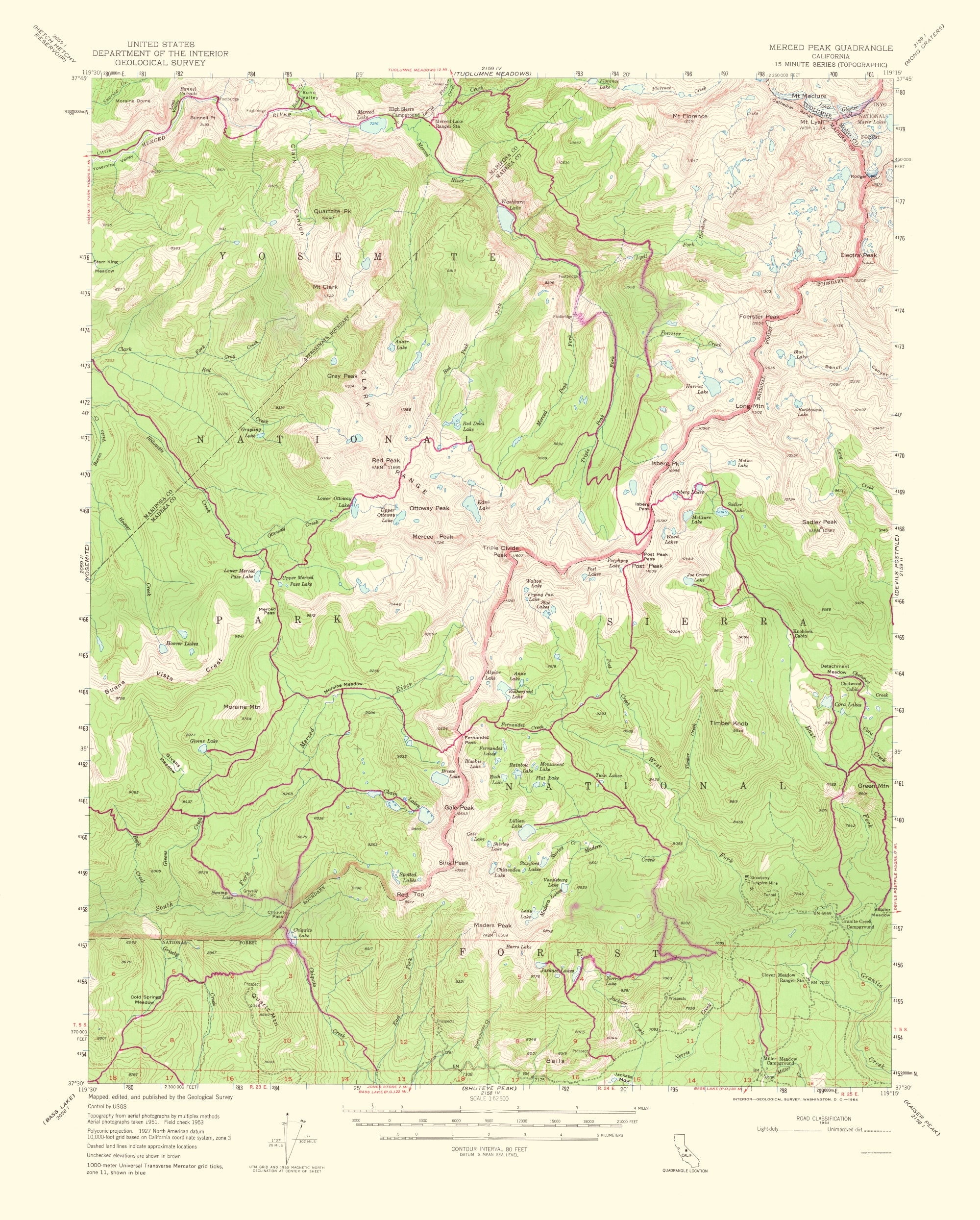Topographical Map - Merced Peak California Quad - USGS 1964 - 23 x 28. ...