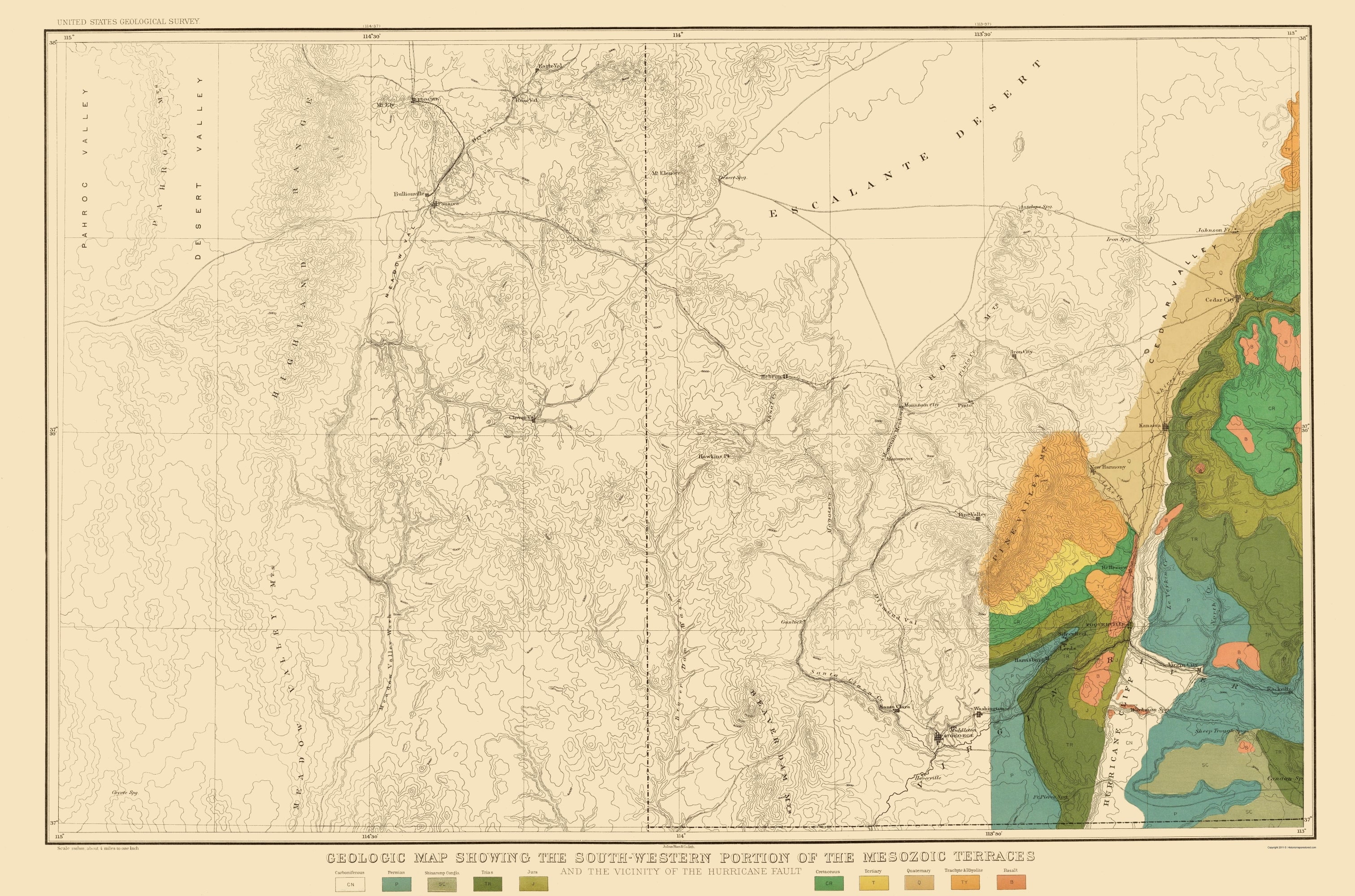 Topographical Map - Mesozoic Terraces South Western Portion - USGS 1882 ...