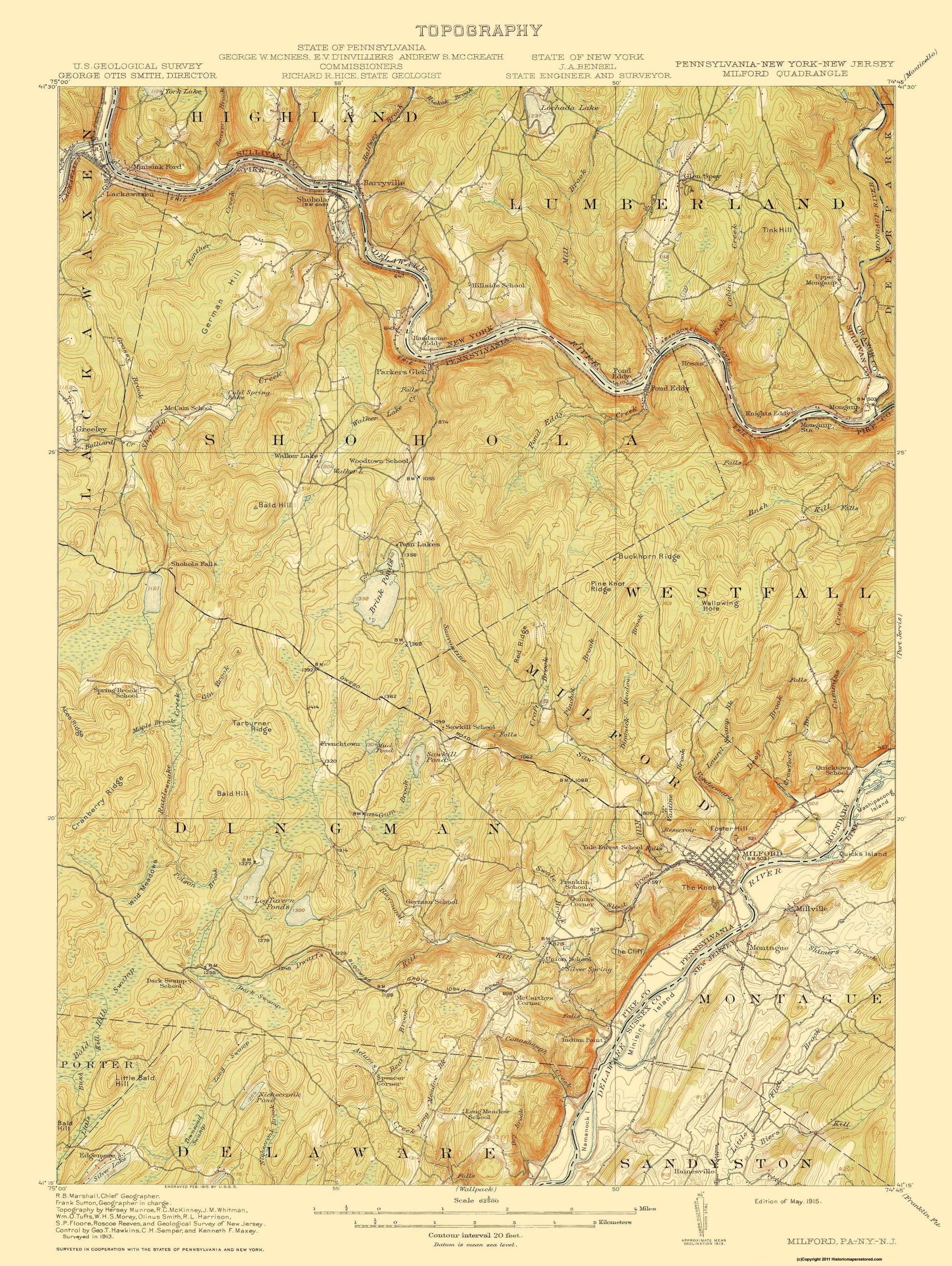 Topographical Map - Milford New York New Jersey Quad - USGS 1915 - 23 x ...