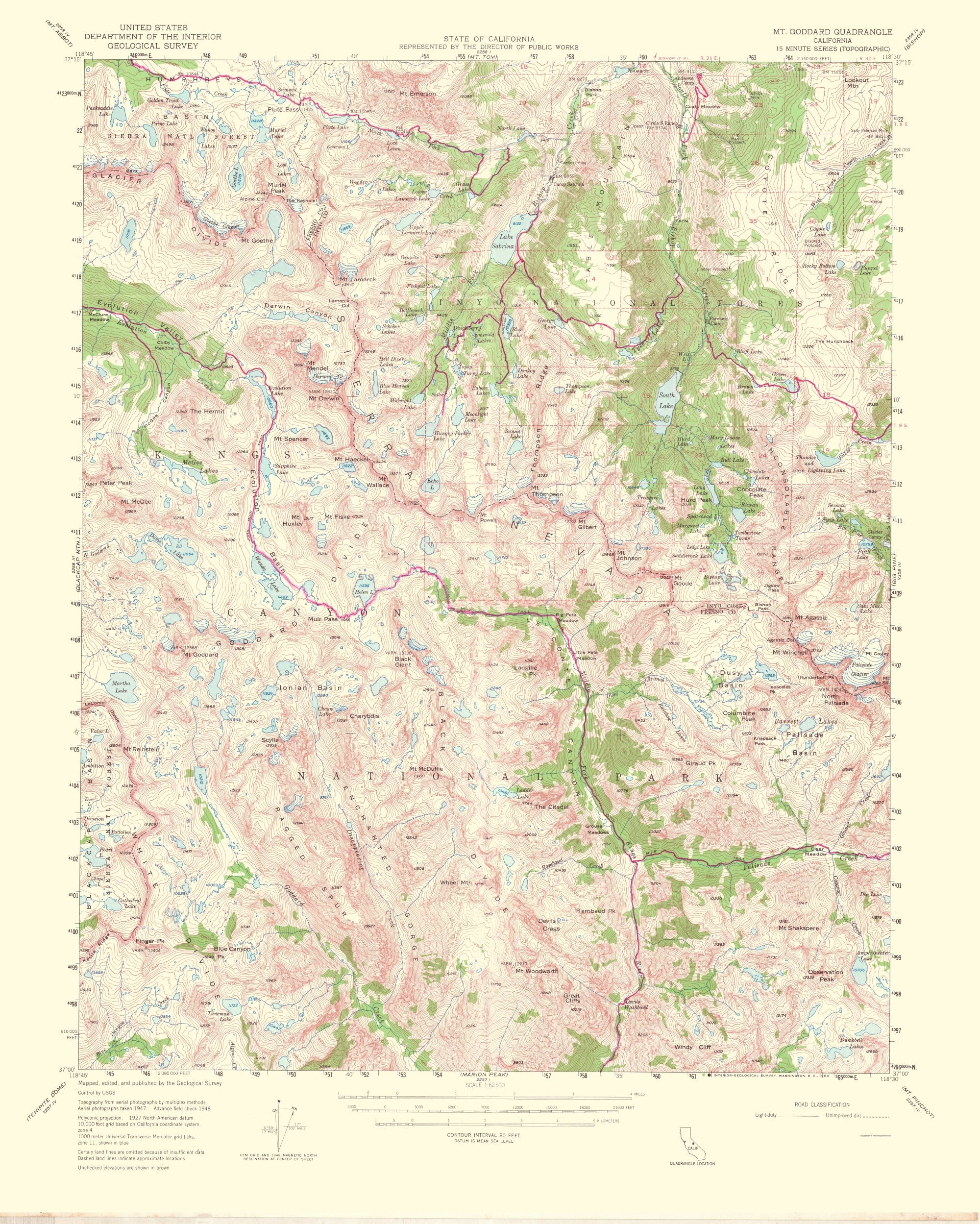 Topographical Map - Mt Goddard California Quad - USGS 1953 - Vintage ...