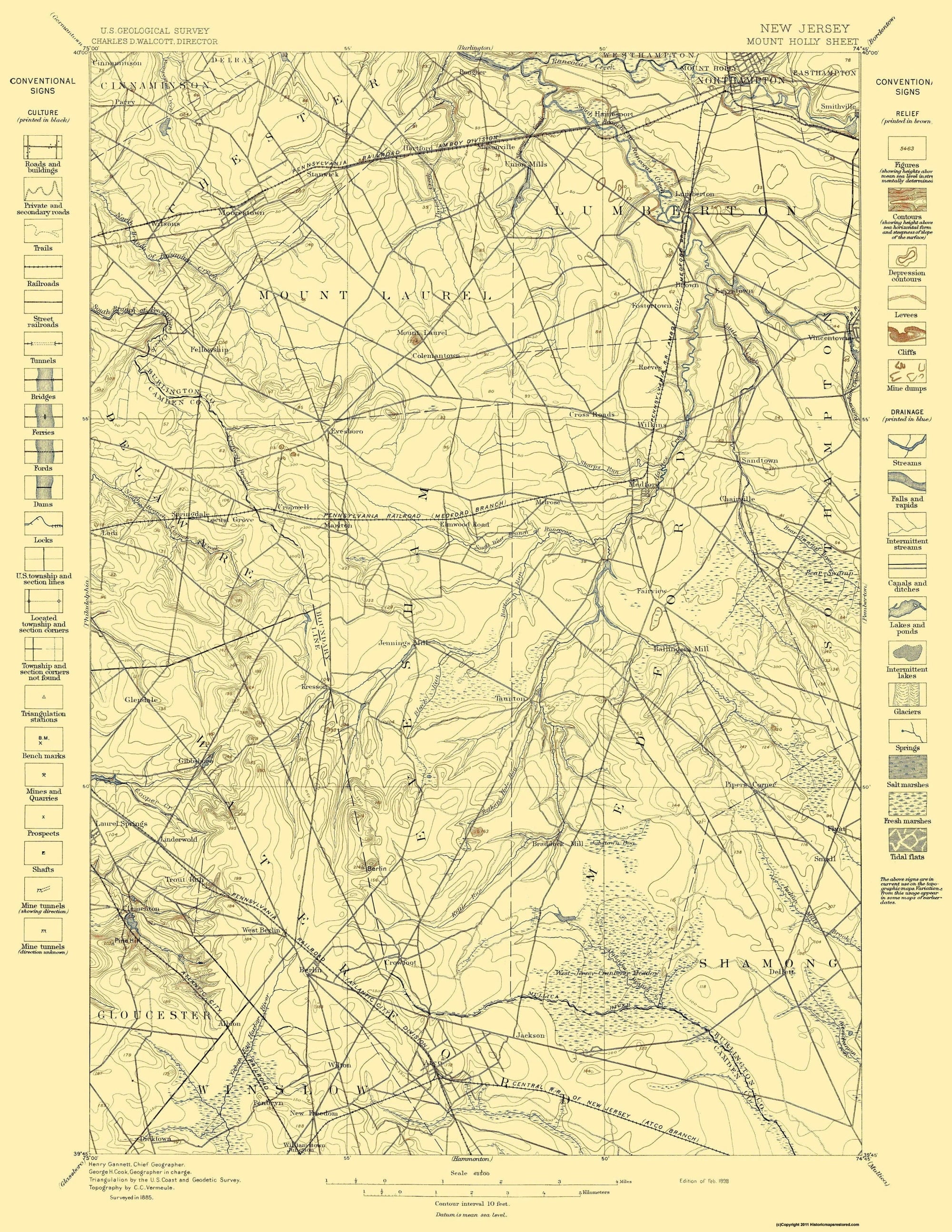 Topographical Map - Mt Holly New Jersey Quad - USGS 1898 - 23 x 29.77 ...
