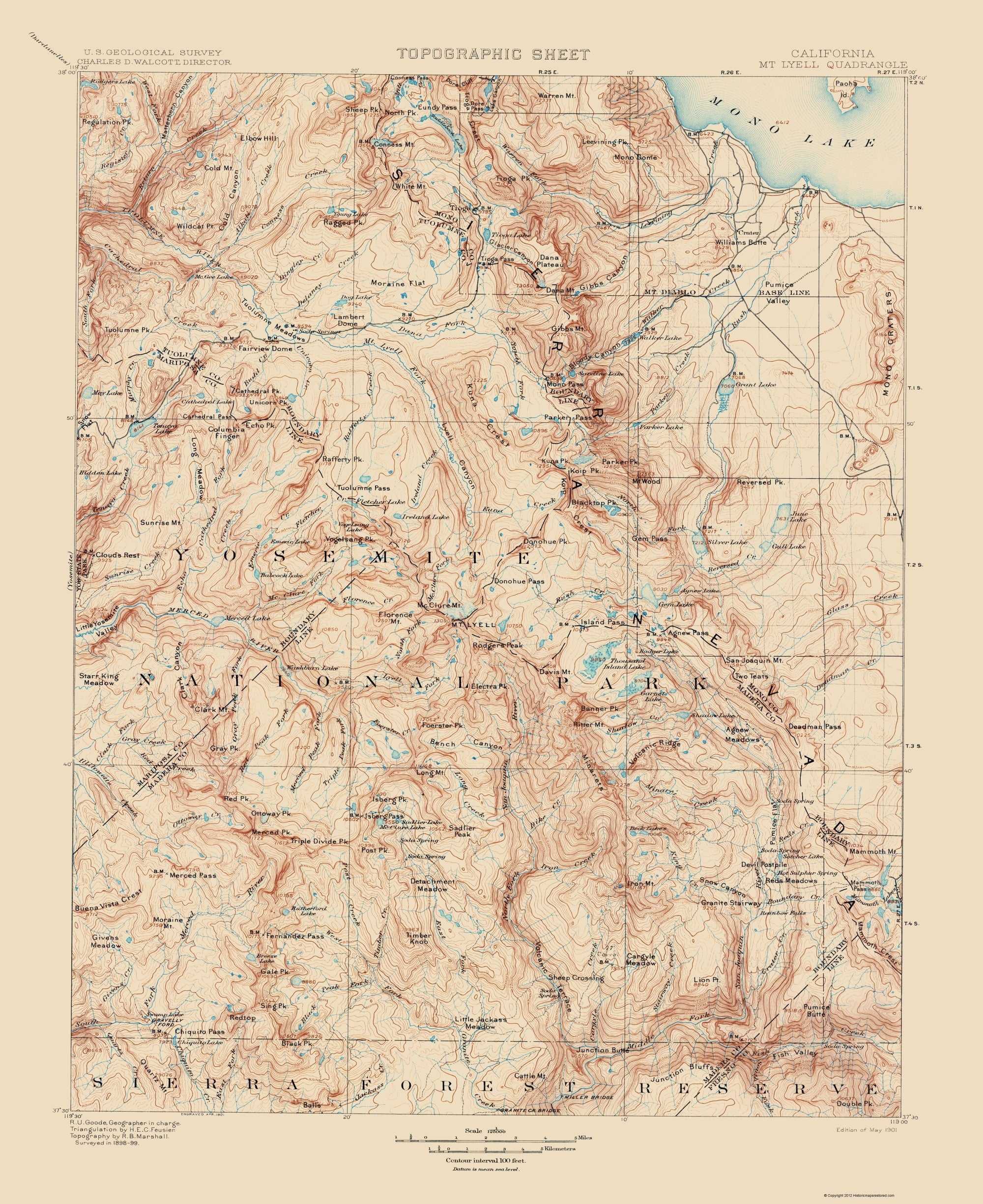 Topographical Map - Mt Lyell California Quad - Marshall 1901 - 23 x 28. ...