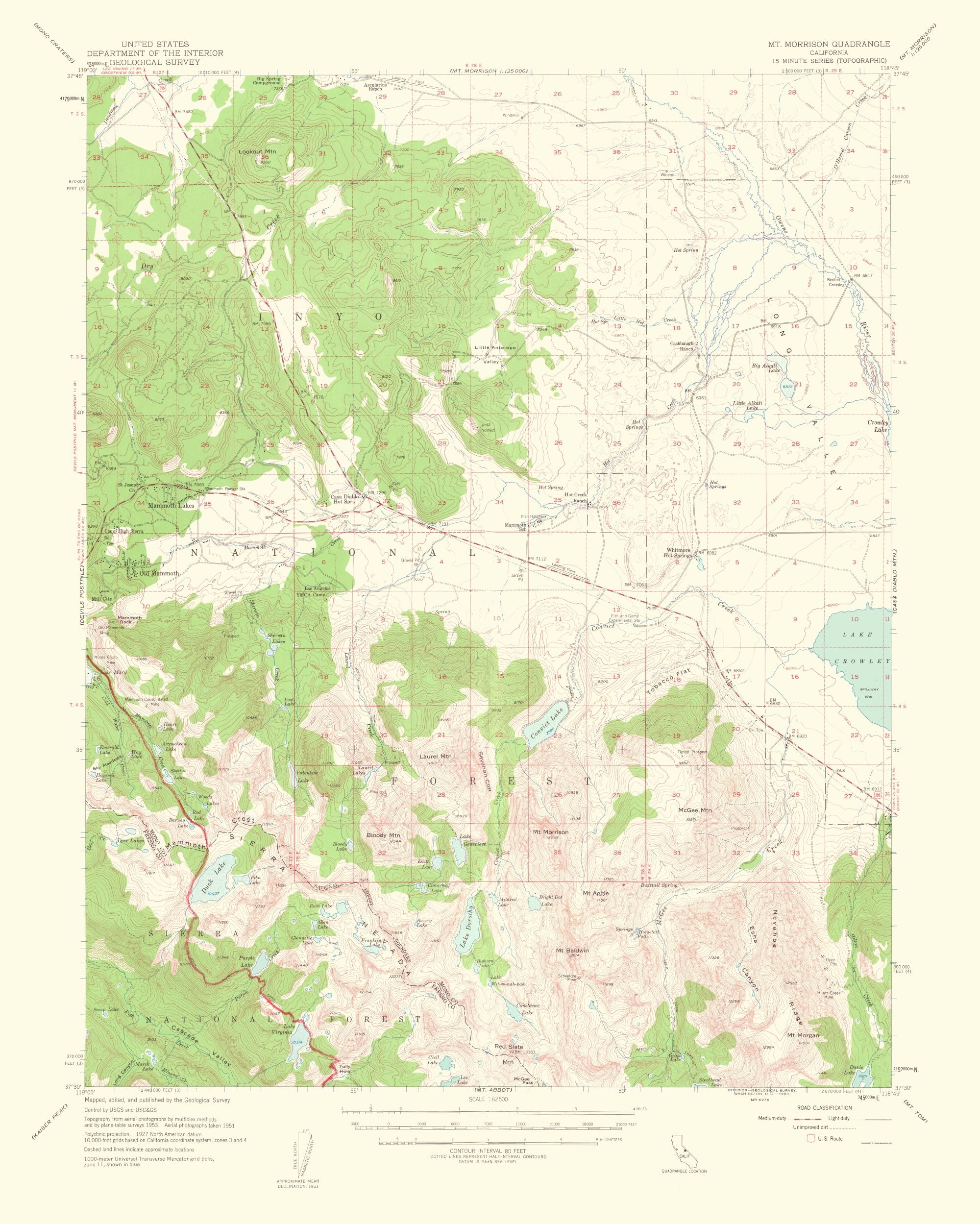 Topographical Map - Mt Morrison California Quad - USGS 1963 - 23 x 28. ...
