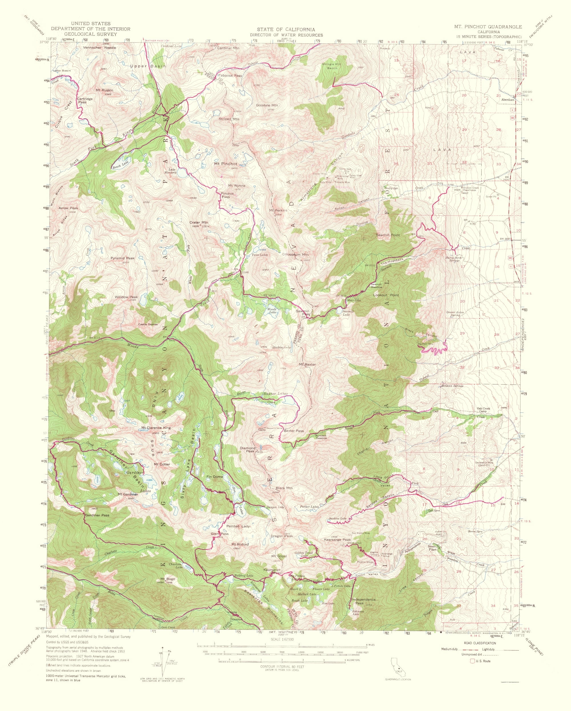 Topographical Map - Mt Pinchot California Quad - USGS 1953 - 23 x 28.62 ...