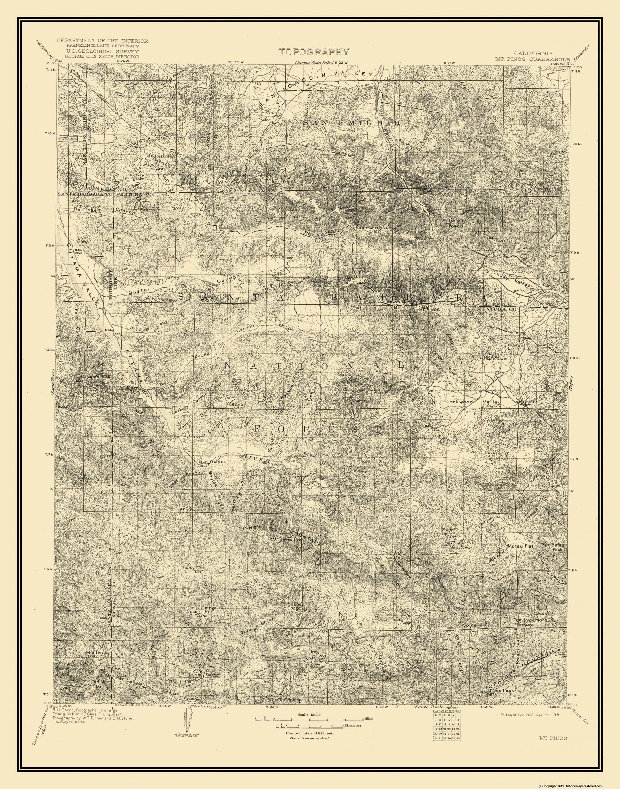 Topographical Map - Mt Pinos California Quad - USGS 1903 - 23 x 29.31 ...