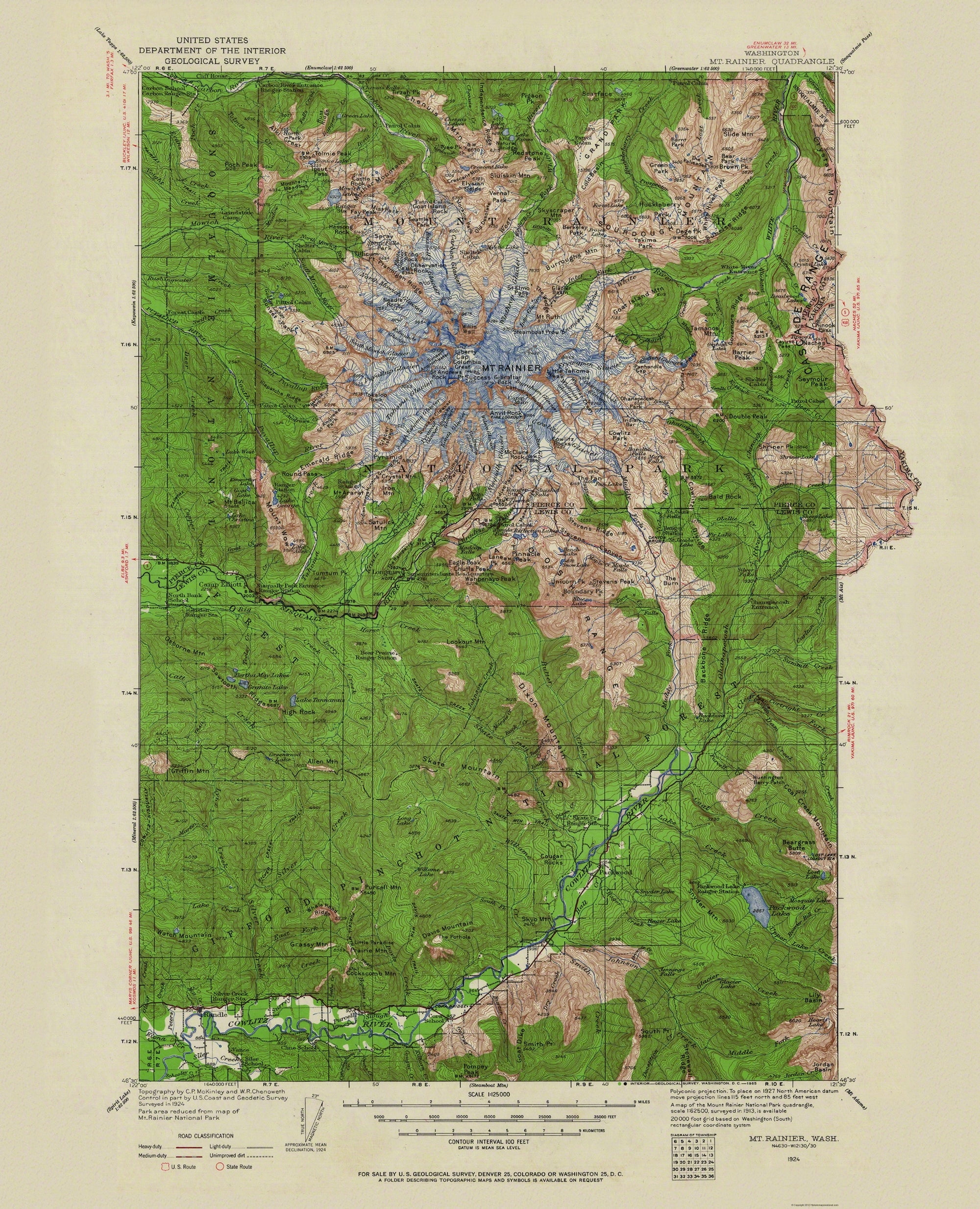 Topographical Map - Mt Rainier Washington Quad - USGS 1924 - 23 x 28.38 - Vintage Wall Art ...