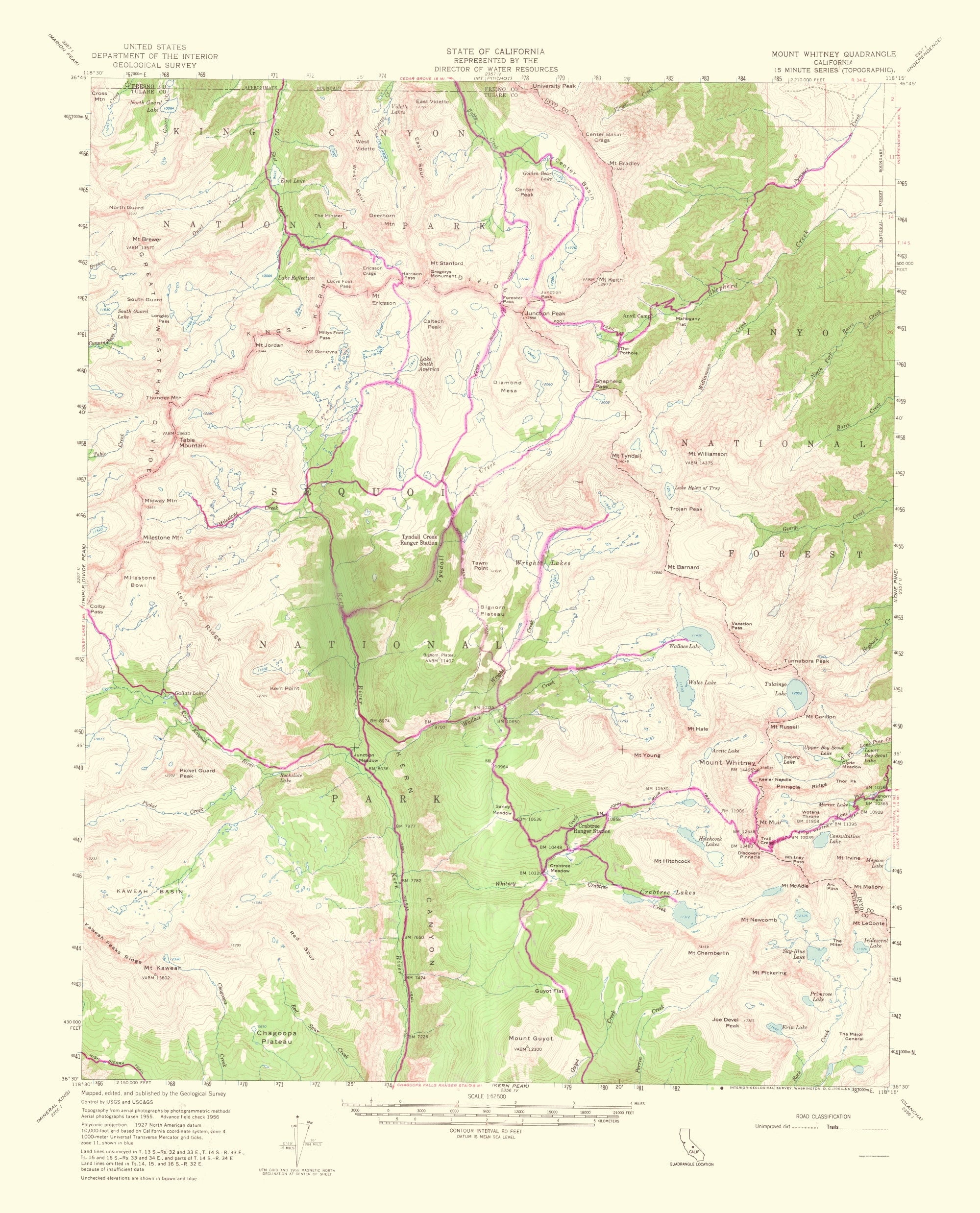 Topographical Map - Mt Whitney California Quad - USGS 1964 - 23 x 28.48 ...