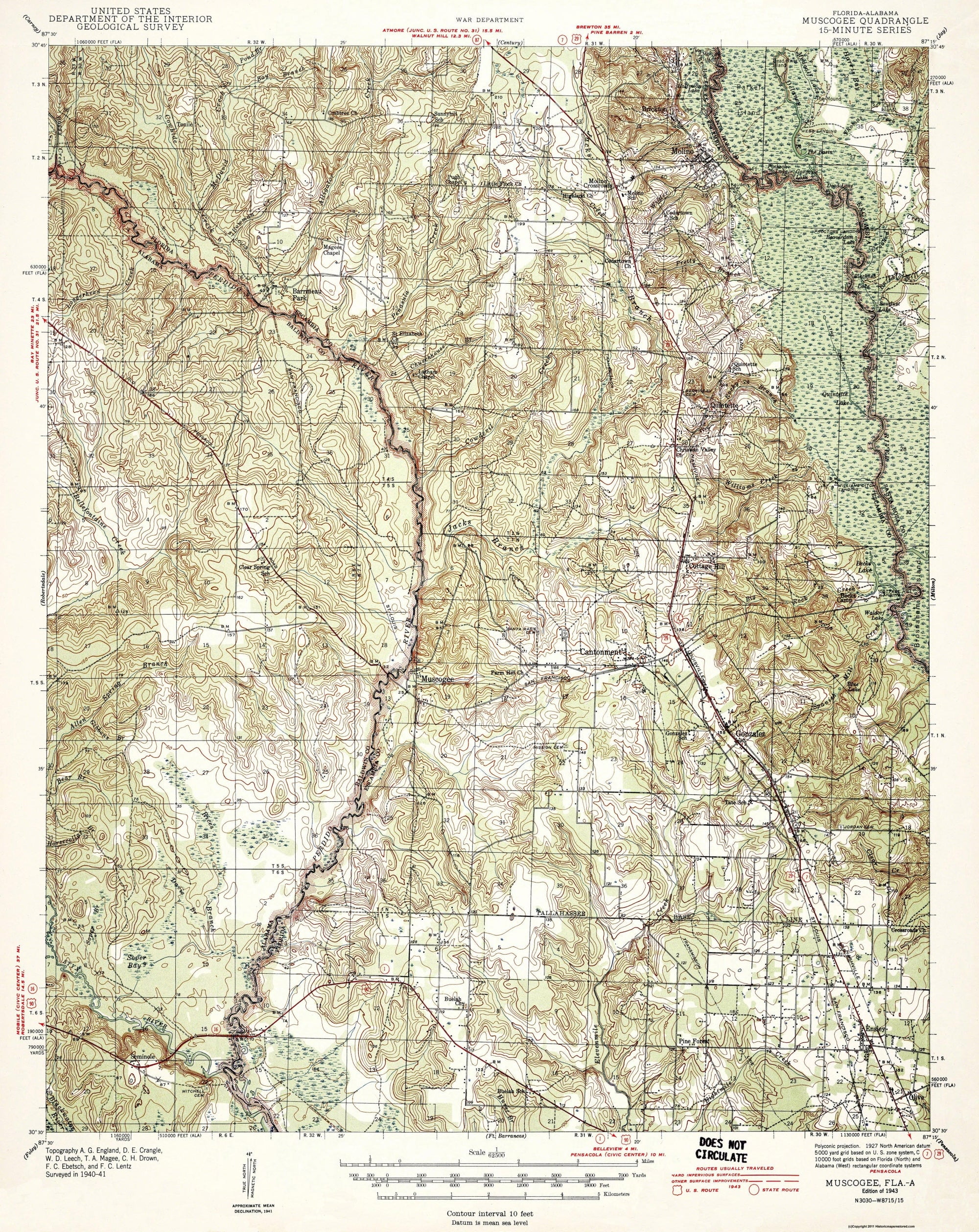 Topographical Map - Muscogee Florida Alabama Quad - USGS 1943 - 23 x 28 ...