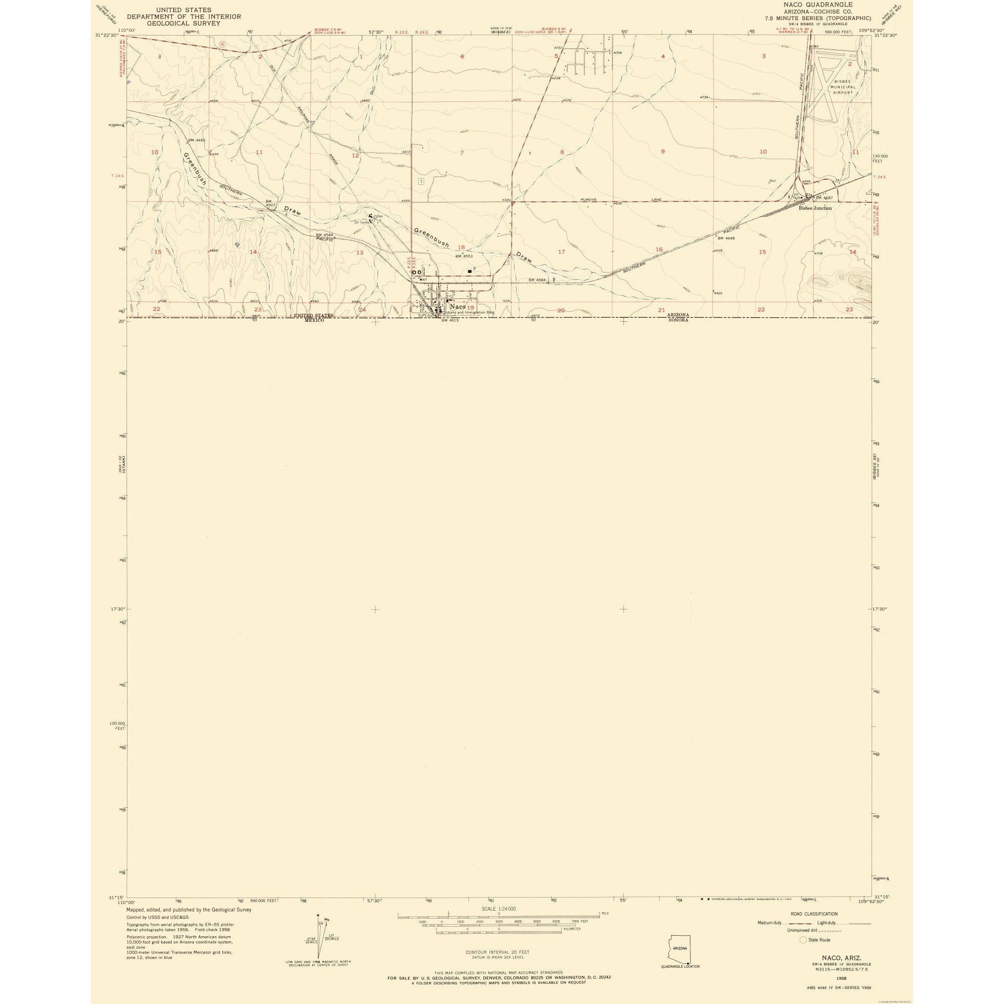 Topographical Map - Naco Arizona Quad - USGS 1958 - Vintage Wall Art ...