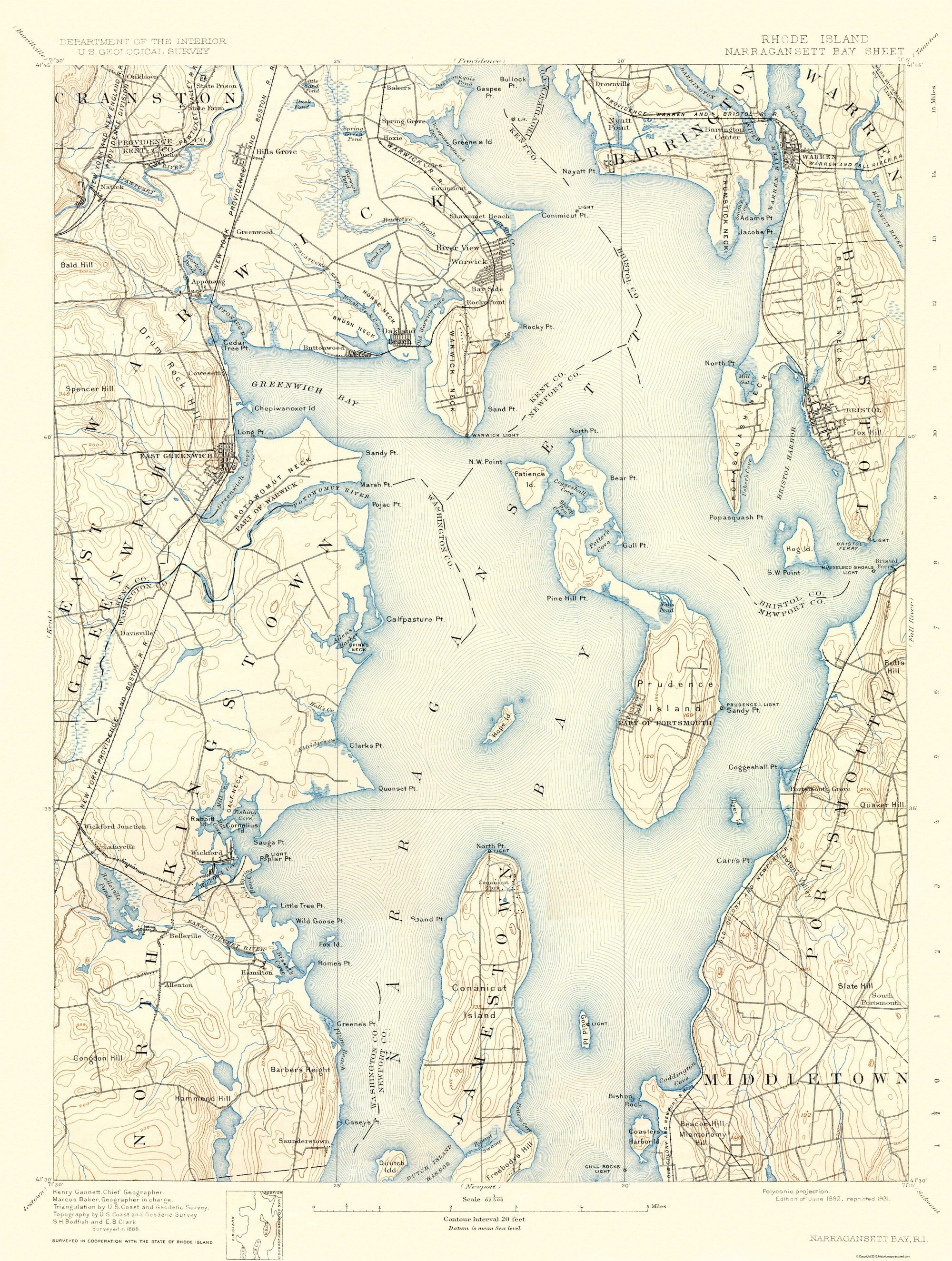 Topographical Map - Narragansett Rhode Island Sheet - USGS 1892 - 23 X ...