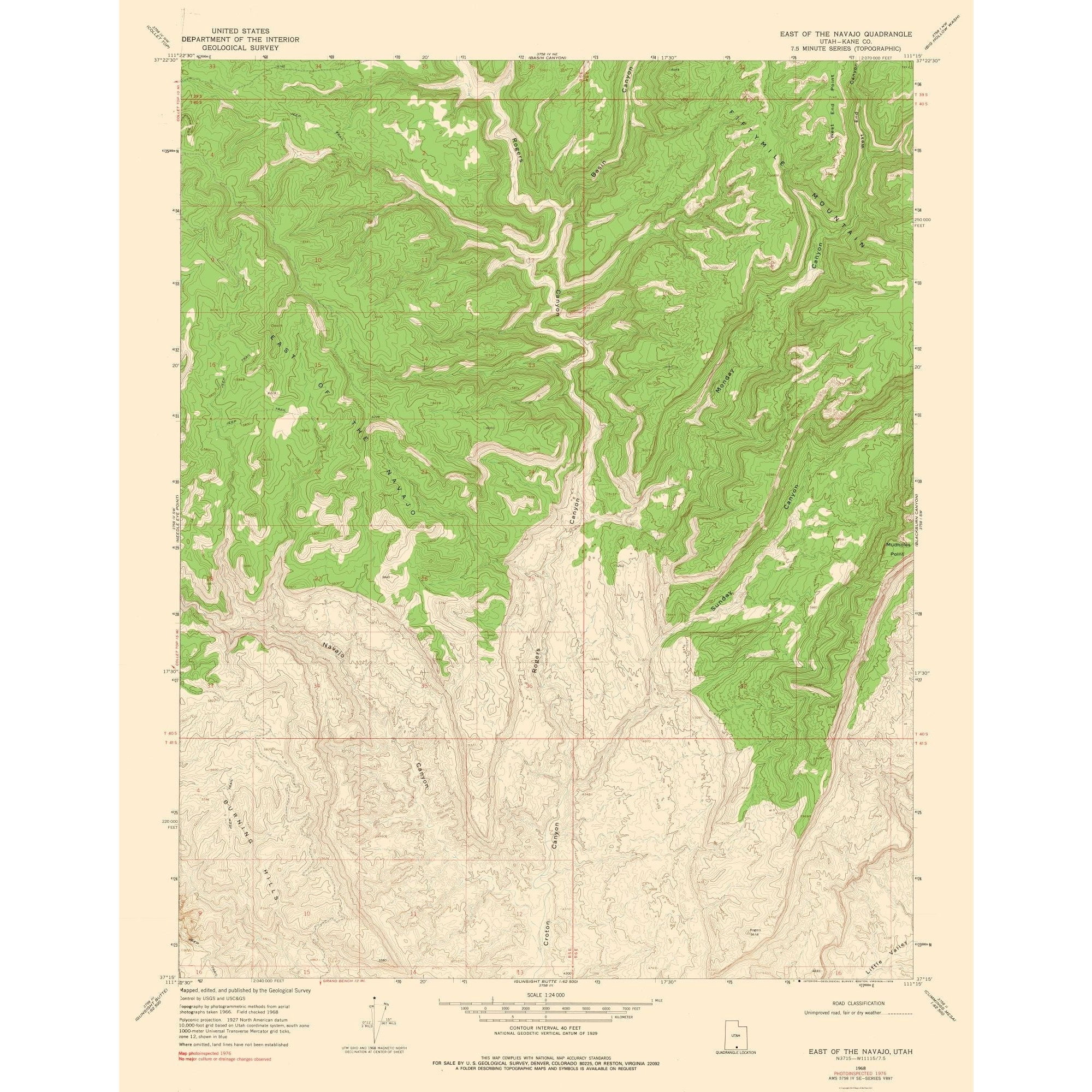 Topographical Map - Navajo East Utah Quad - USGS 1968 - 23 x 29.39 ...