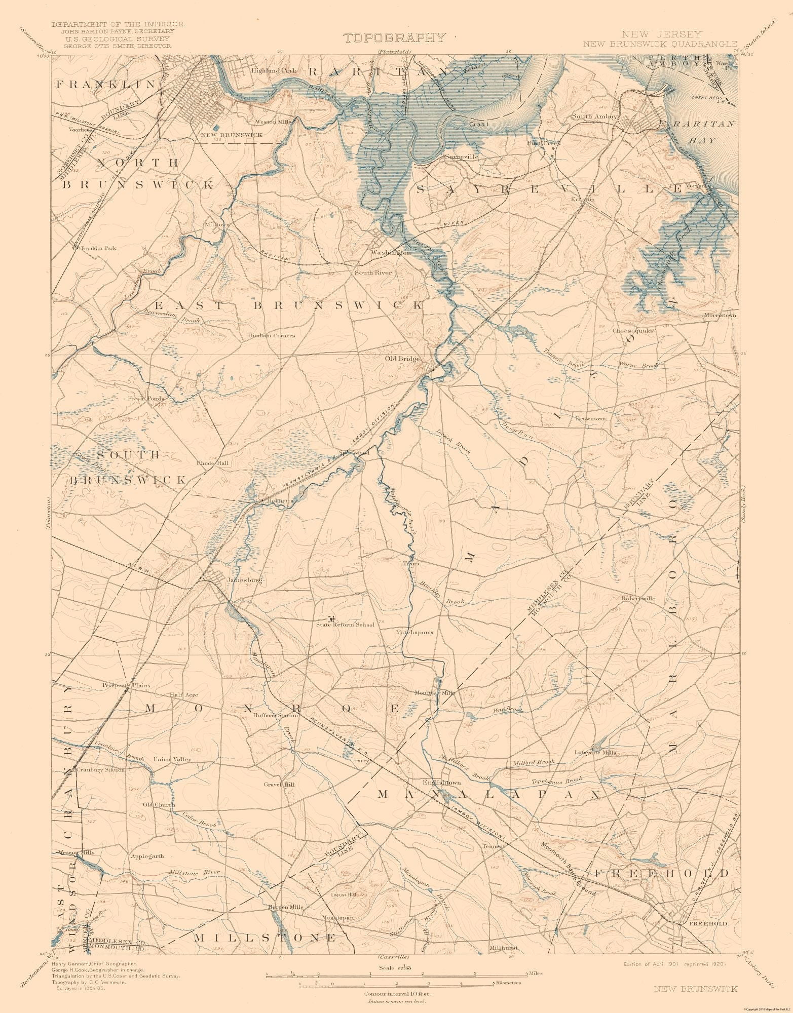 Topographical Map - New Brunswick New Jersey Quad - USGS 1901 - 23 x 29.39 - Vintage Wall Art ...