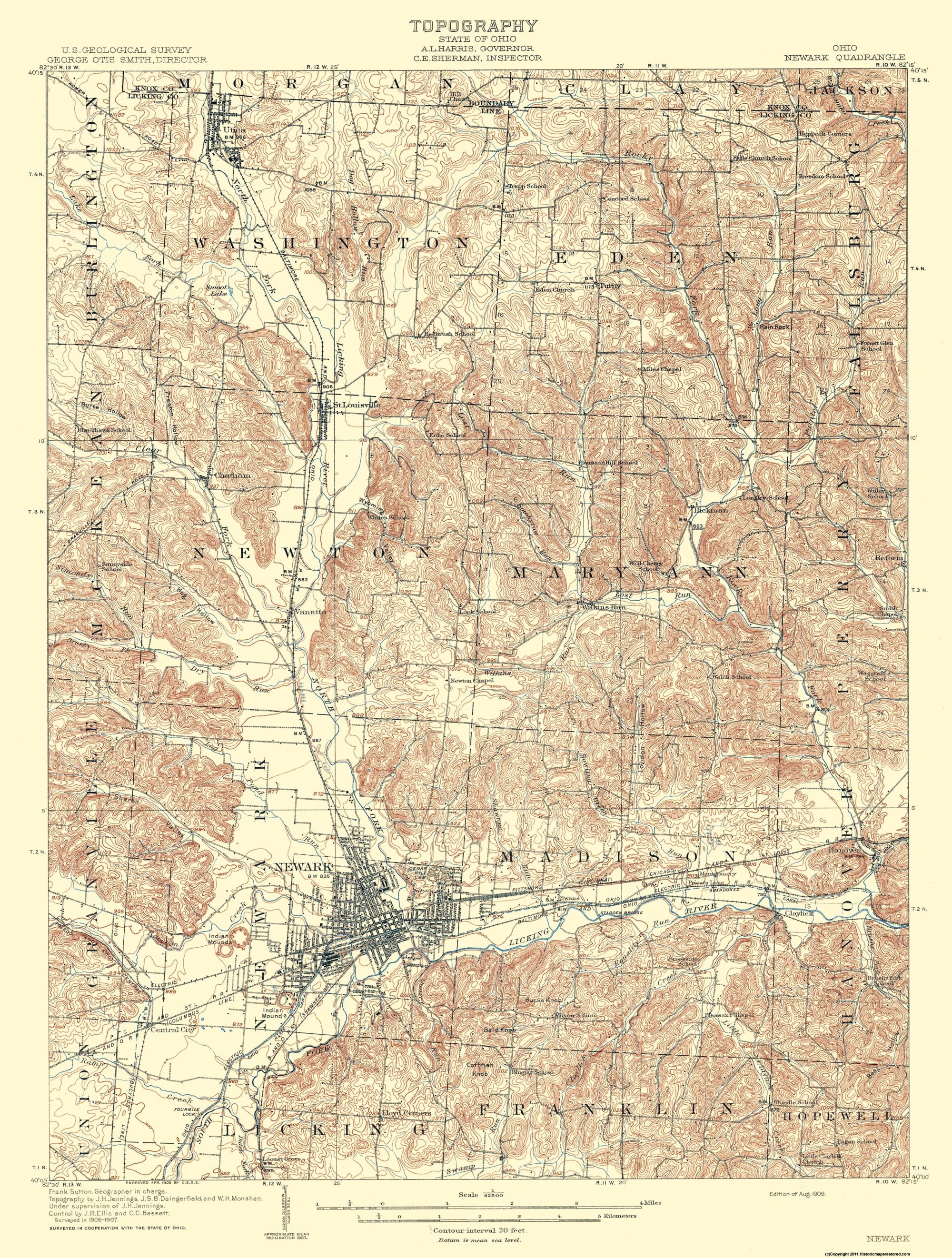 Topographical Map - Newark Ohio Quad - USGS 1909 - 23 x 30.39 - Vintage ...