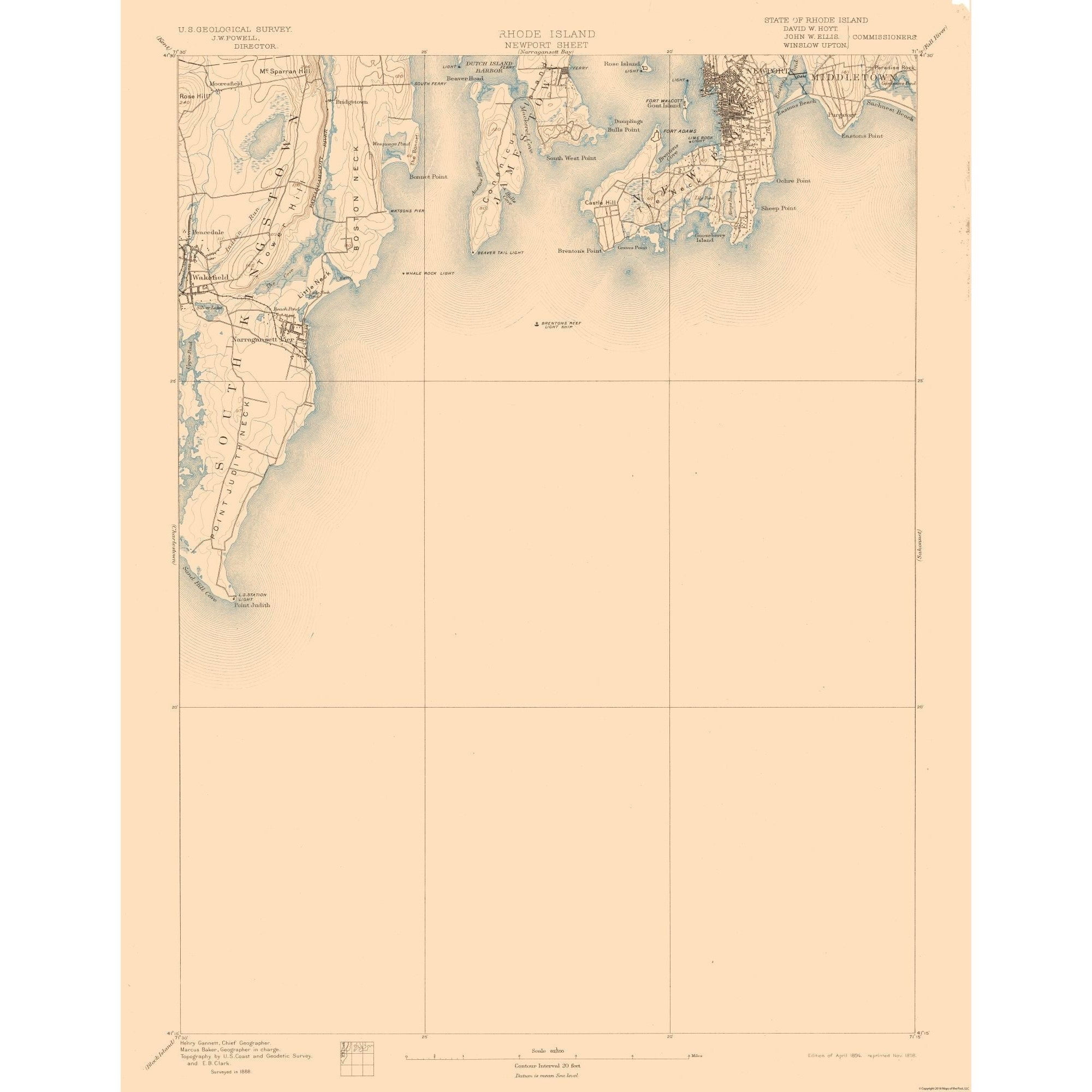 Topographical Map - Newport Rhode Island Sheet - USGS 1894 - 23 x 29.52 ...