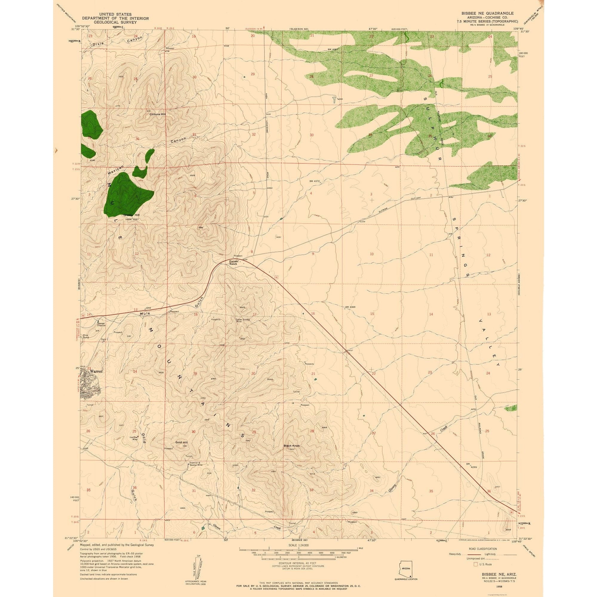 Topographical Map - North East Bisbee Arizona Quad - USGS 1958 - 23 x ...