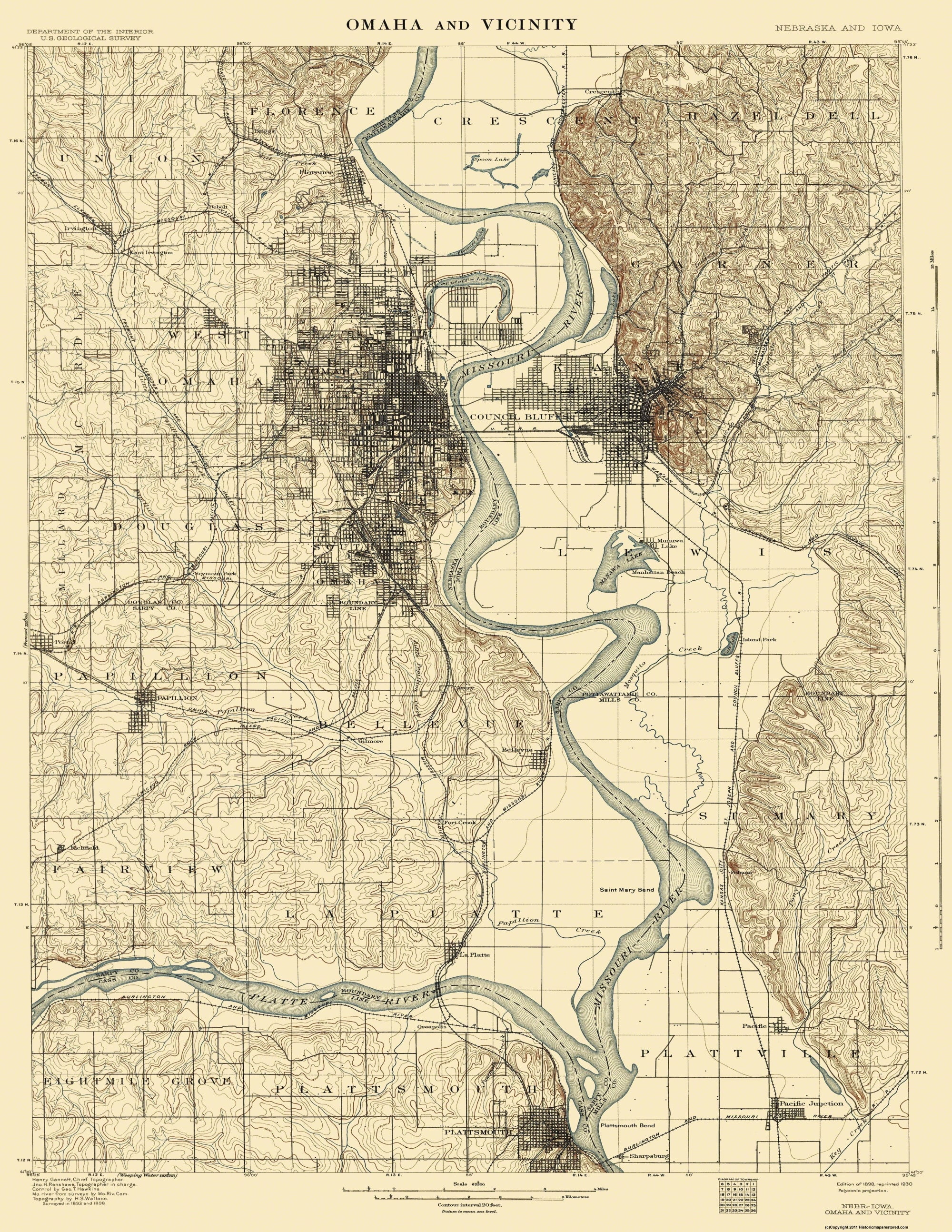 Topographical Map - Omaha Vicinity Nebraska Iowa Quad - USGS 1898 - 23 ...