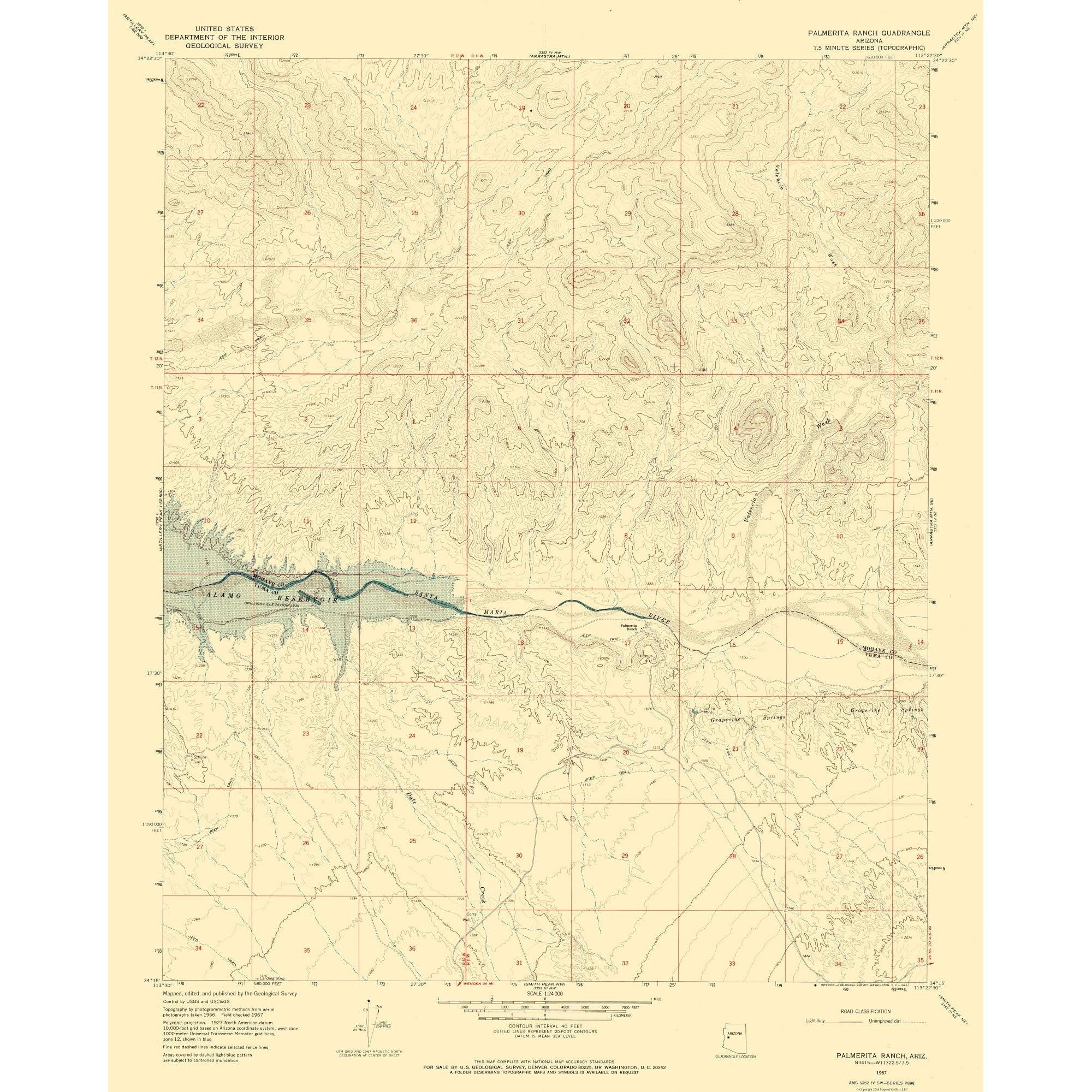 Topographical Map - Palmerita Ranch Arizona Quad - USGS 1967 - 23 x 28. ...