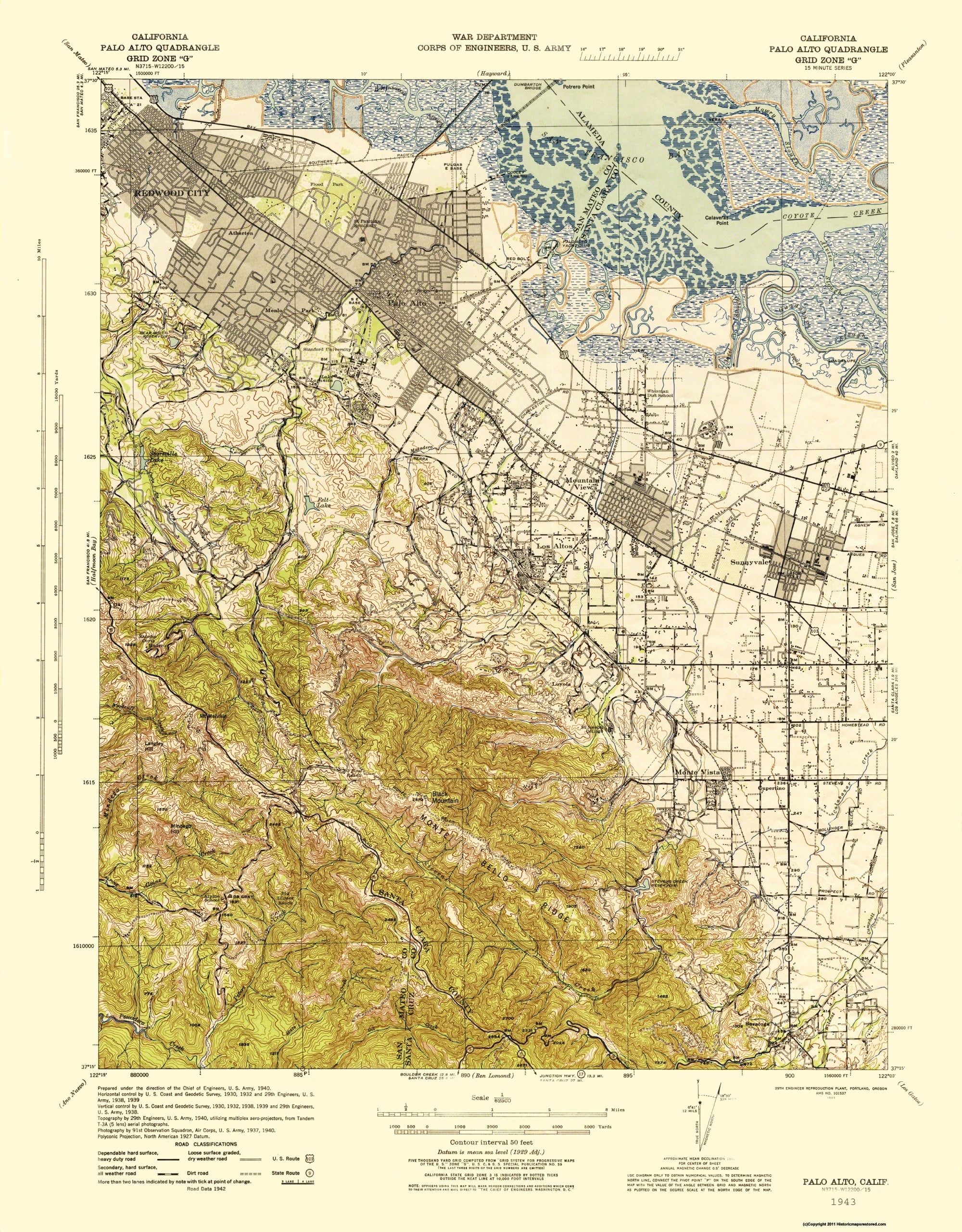 Topographical Map - Palo Alto California Quad - USGS 1943 - 23 x 29.75 ...
