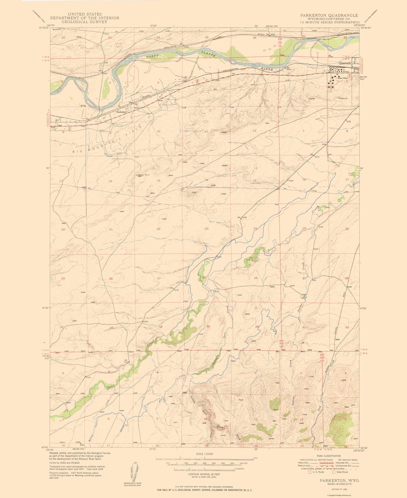 Topographical Map - Parkerton Wyoming Quad - USGS 1950 - 23 x 28.15 ...