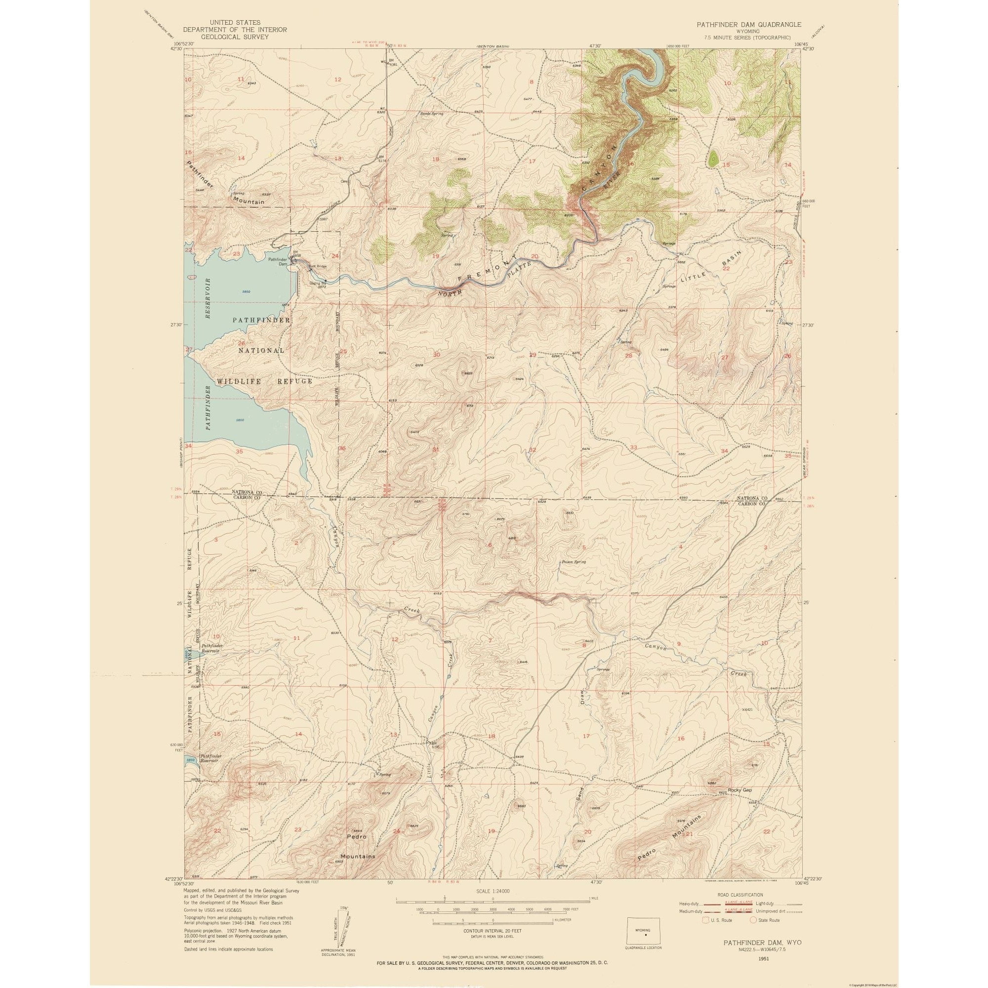 Topographical Map - Pathfinder Dam Wyoming Quad - USGS 1951 - 23 x 28. ...