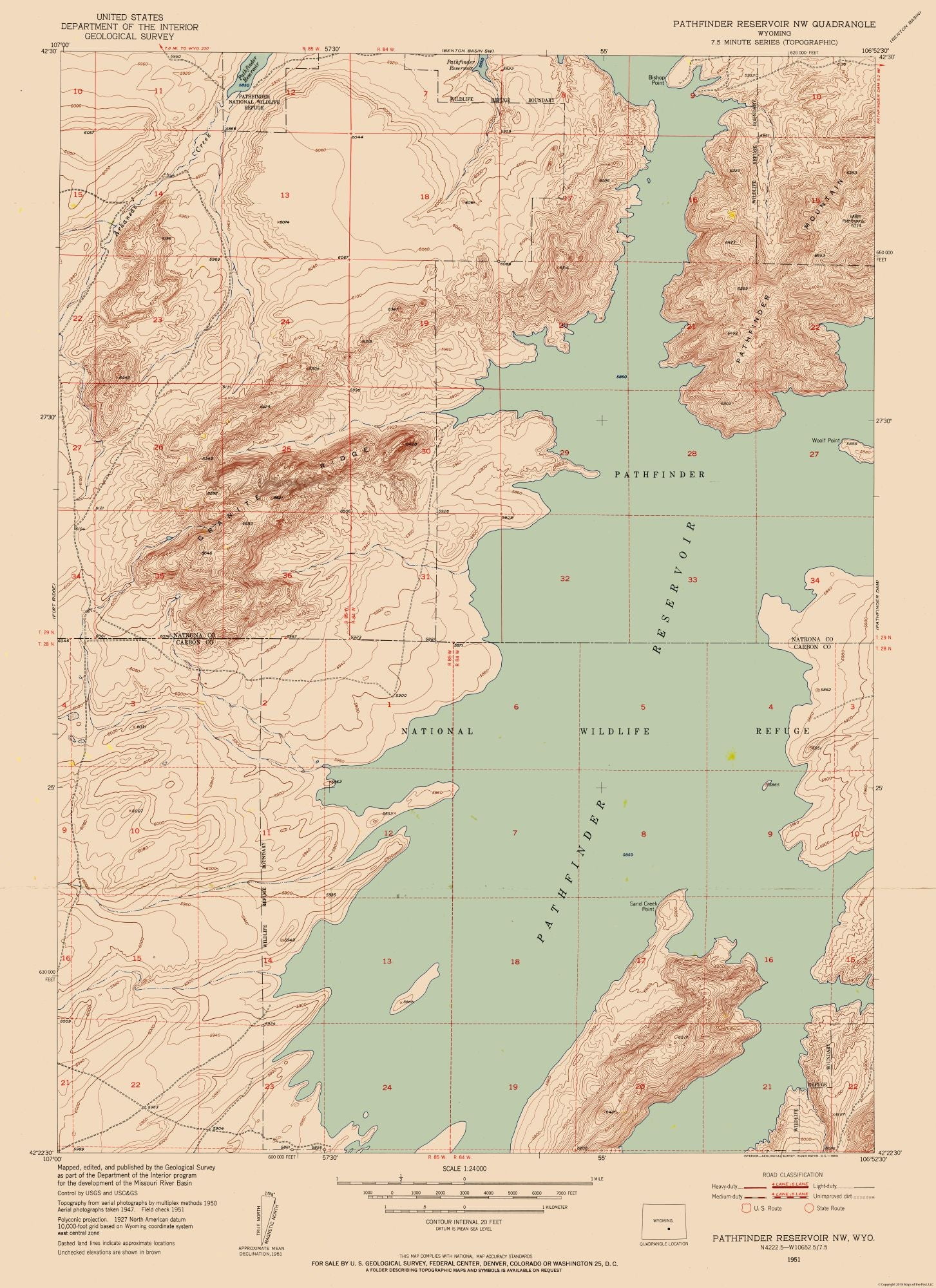Topographical Map - Pathfinder Reservoir Wyoming Quad - USGS 1951 - 23 ...