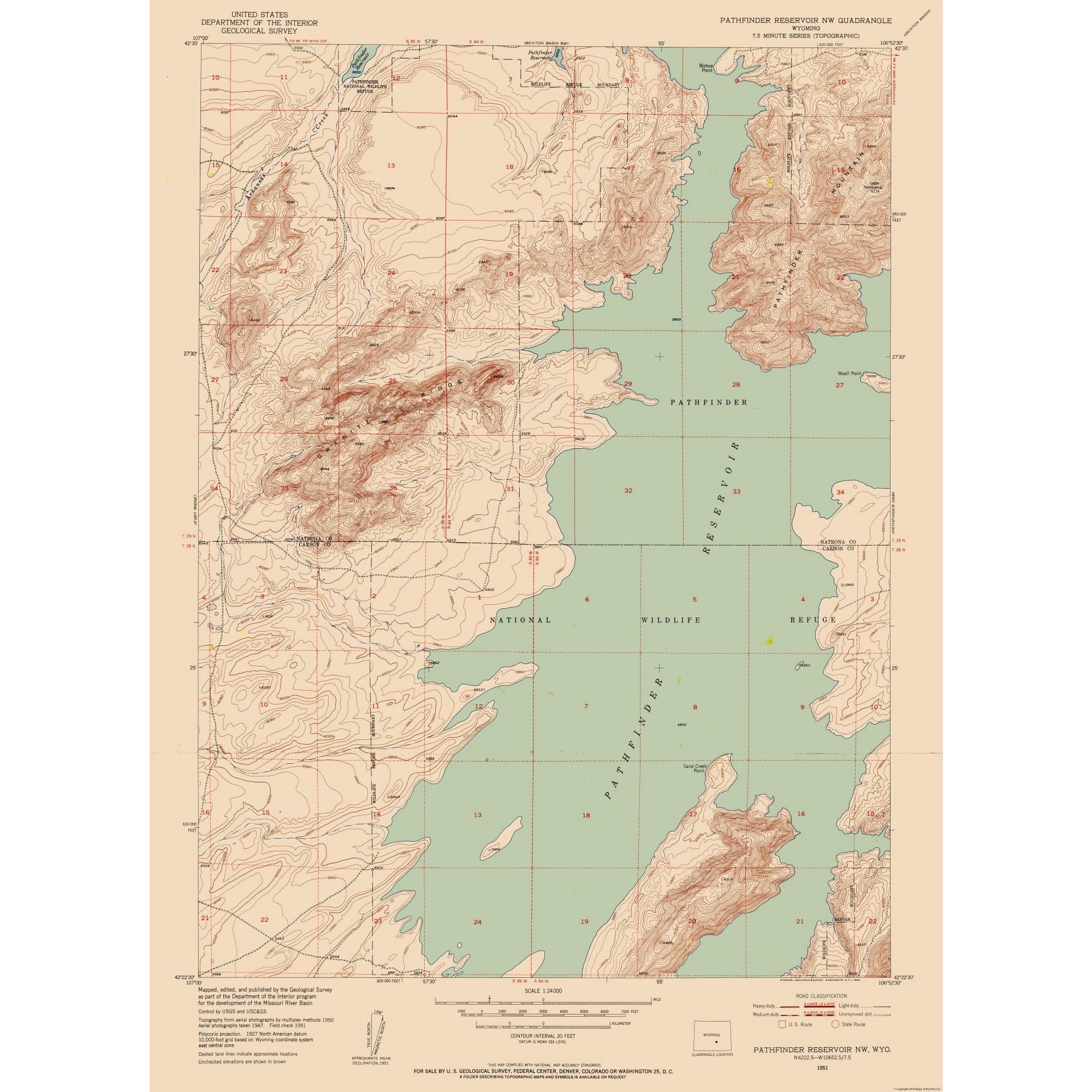 Topographical Map - Pathfinder Reservoir Wyoming Quad - USGS 1951 - 23 ...