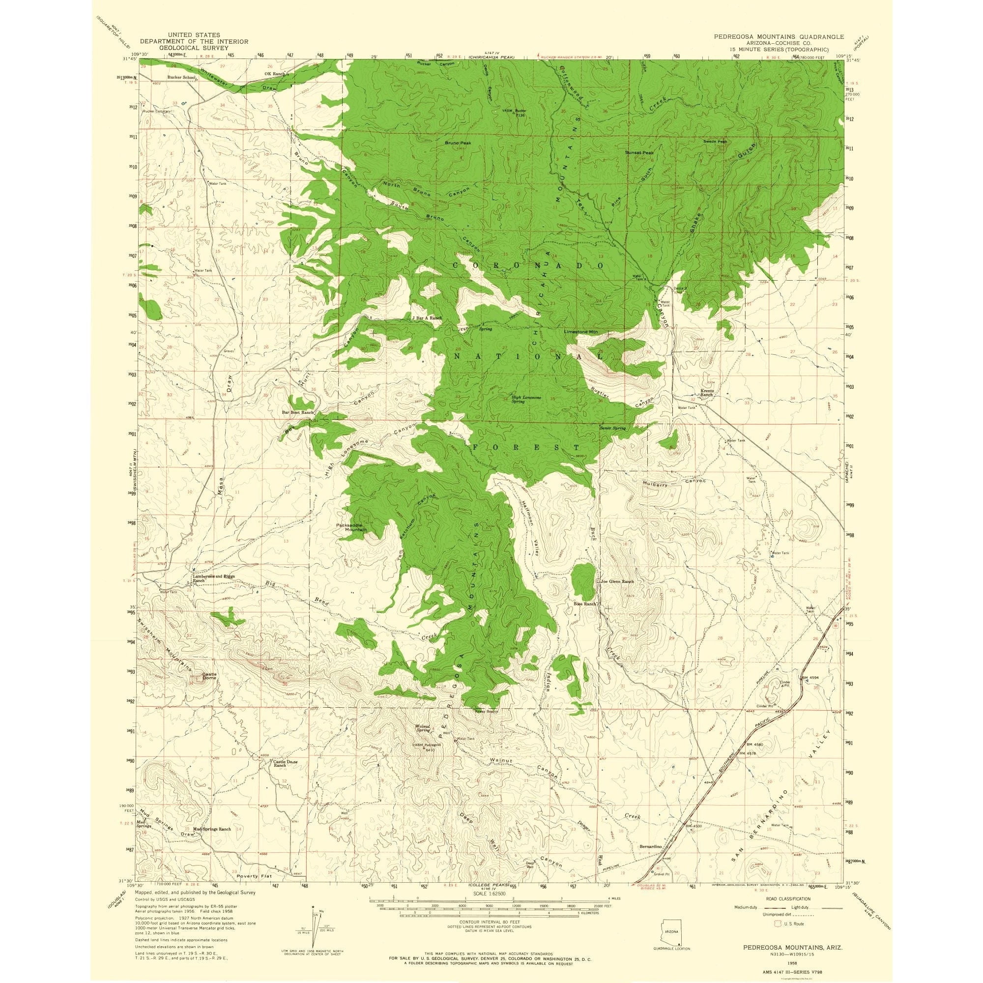 Topographical Map - Pedragosa Mountains Arizona Quad - USGS 1958 - 23 x ...