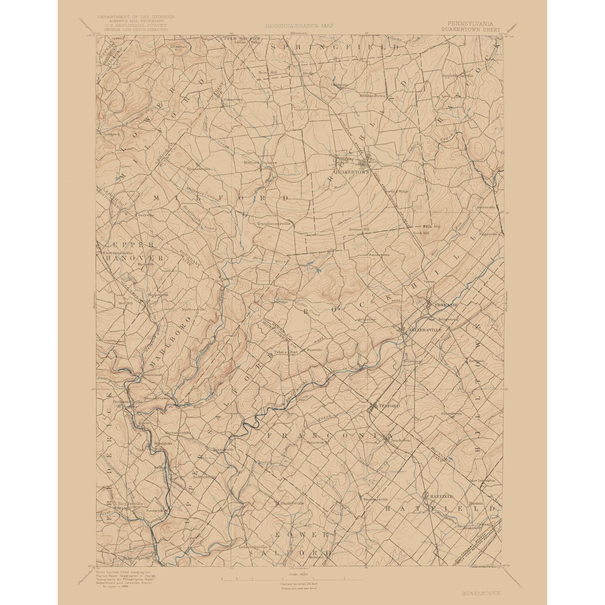 Topographical Map - Pennsylvania Quakertown Sheet - USGS 1888 - Vintage ...