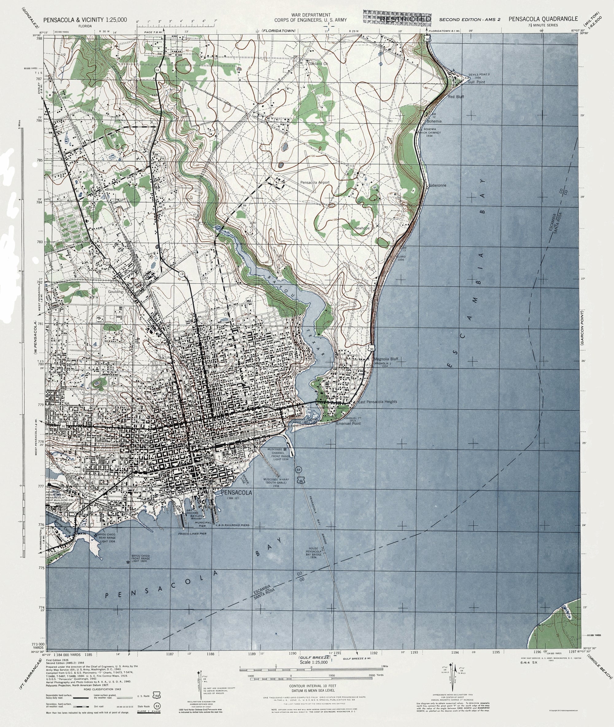 Topographical Map - Pensacola Florida Quad - US Army 1944 - 23 x 27.23 ...