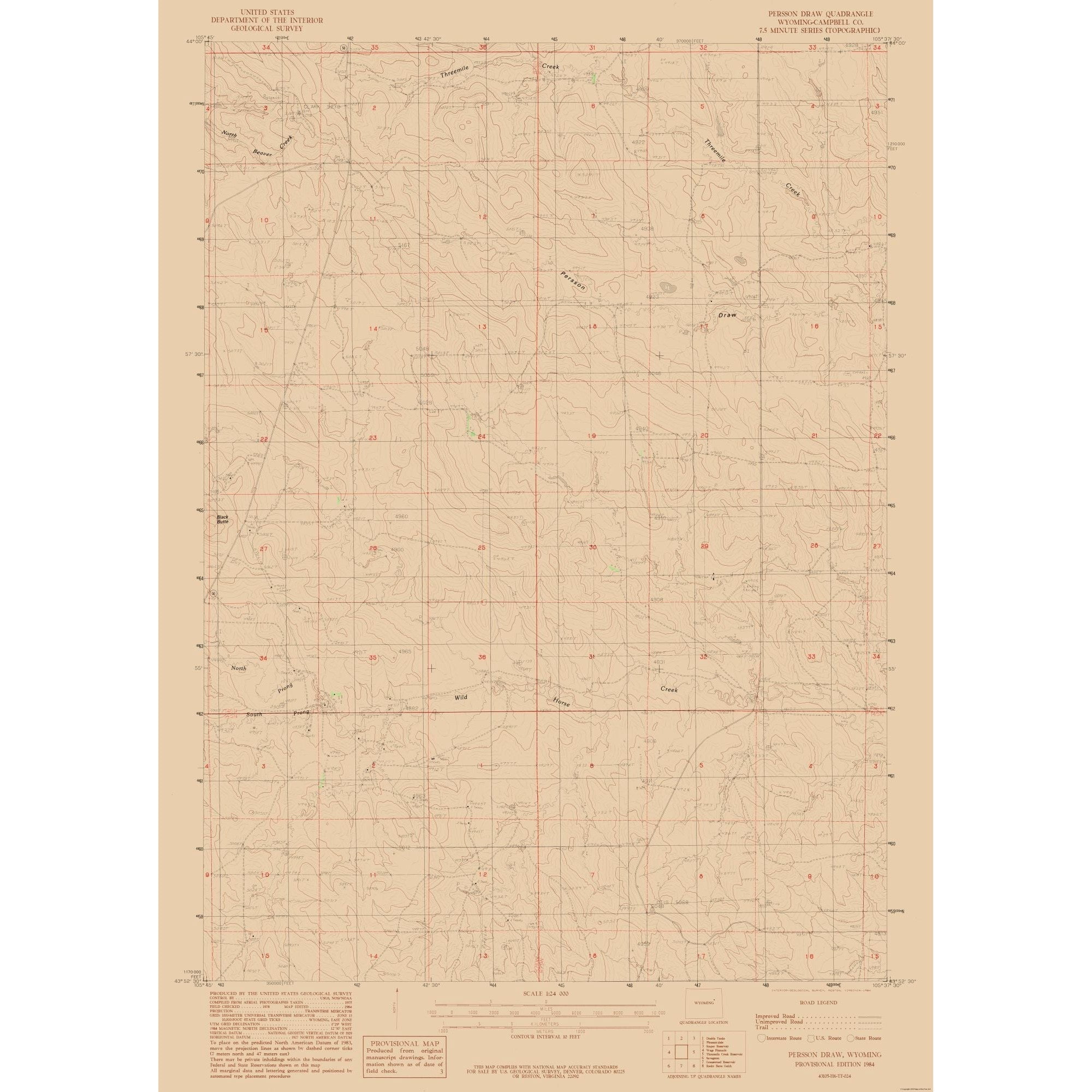 Topographical Map - Persson Draw Wyoming Quad - USGS 1984 - 23 x 32.41 ...