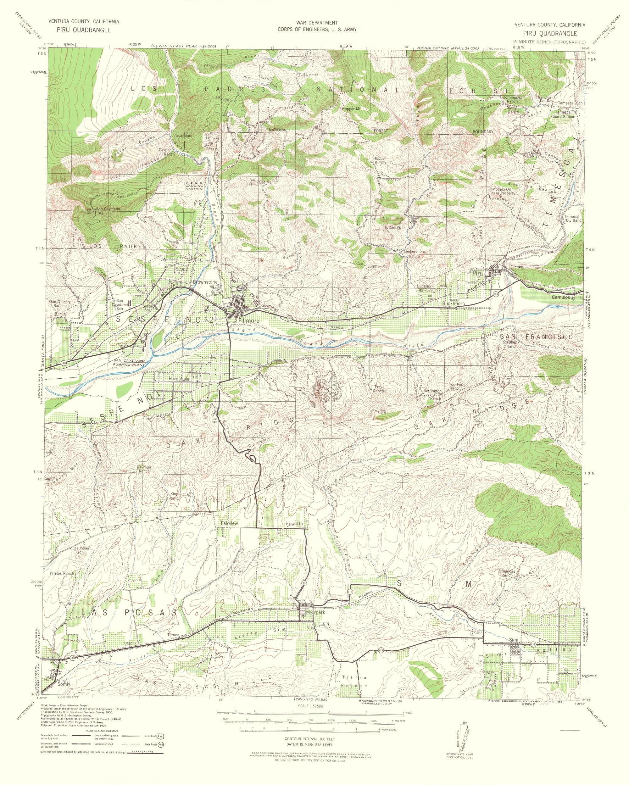 Topographical Map - Piru California Quad - USGS 1963 - 23 x 28.70 ...