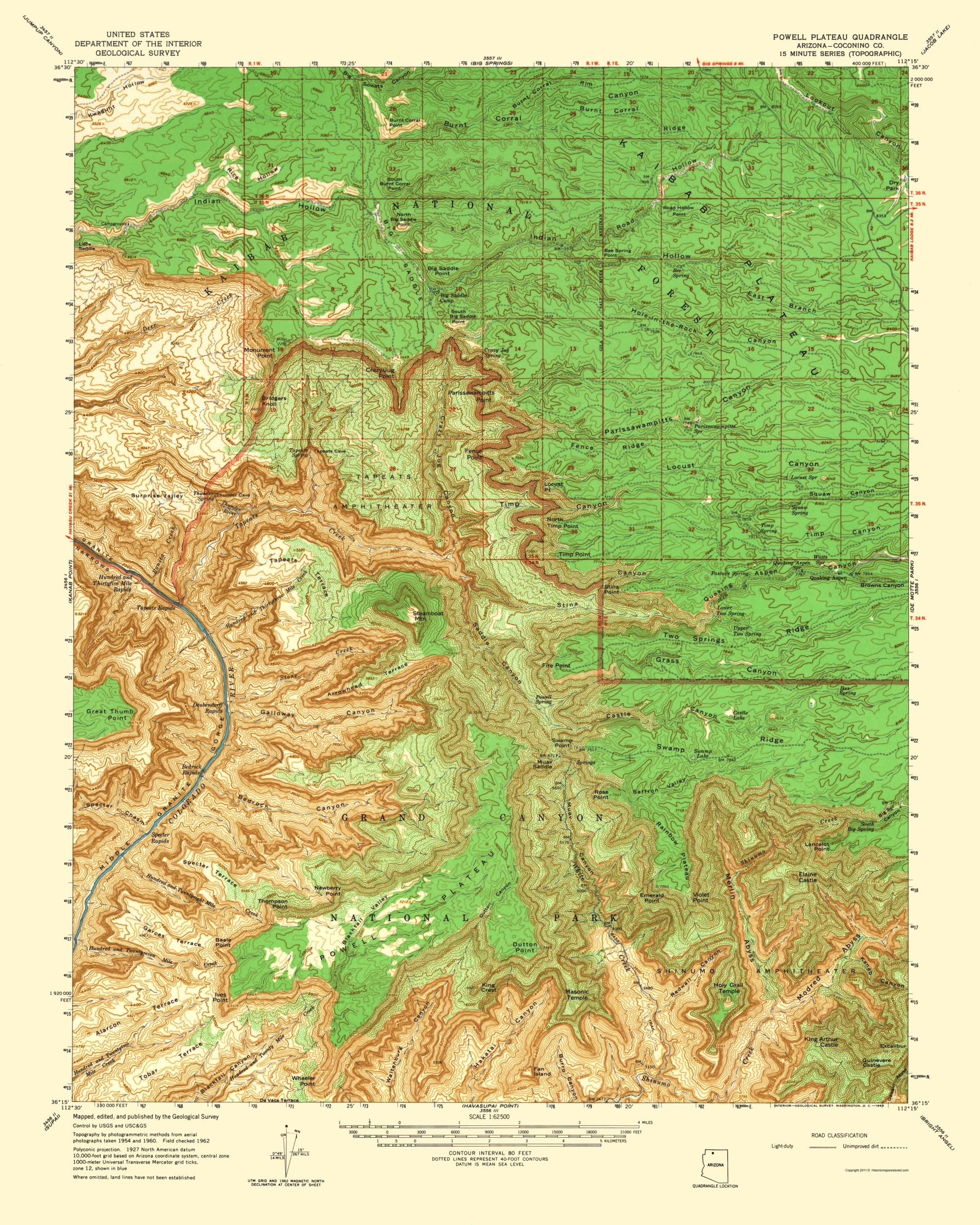 Topographical Map - Powell Plateau Arizona Quad - USGS 1964 - 23 x 28. ...