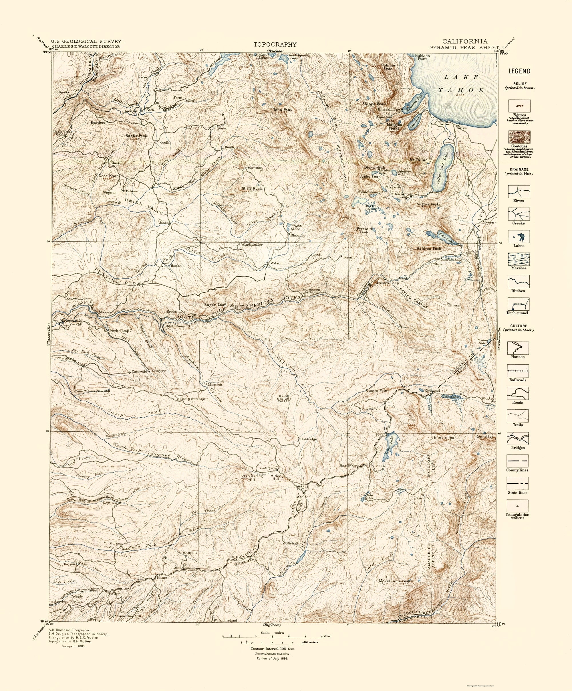 Topographical Map - Pyramid Peak California Sheet - USGS 1896 - 23 x 27 ...