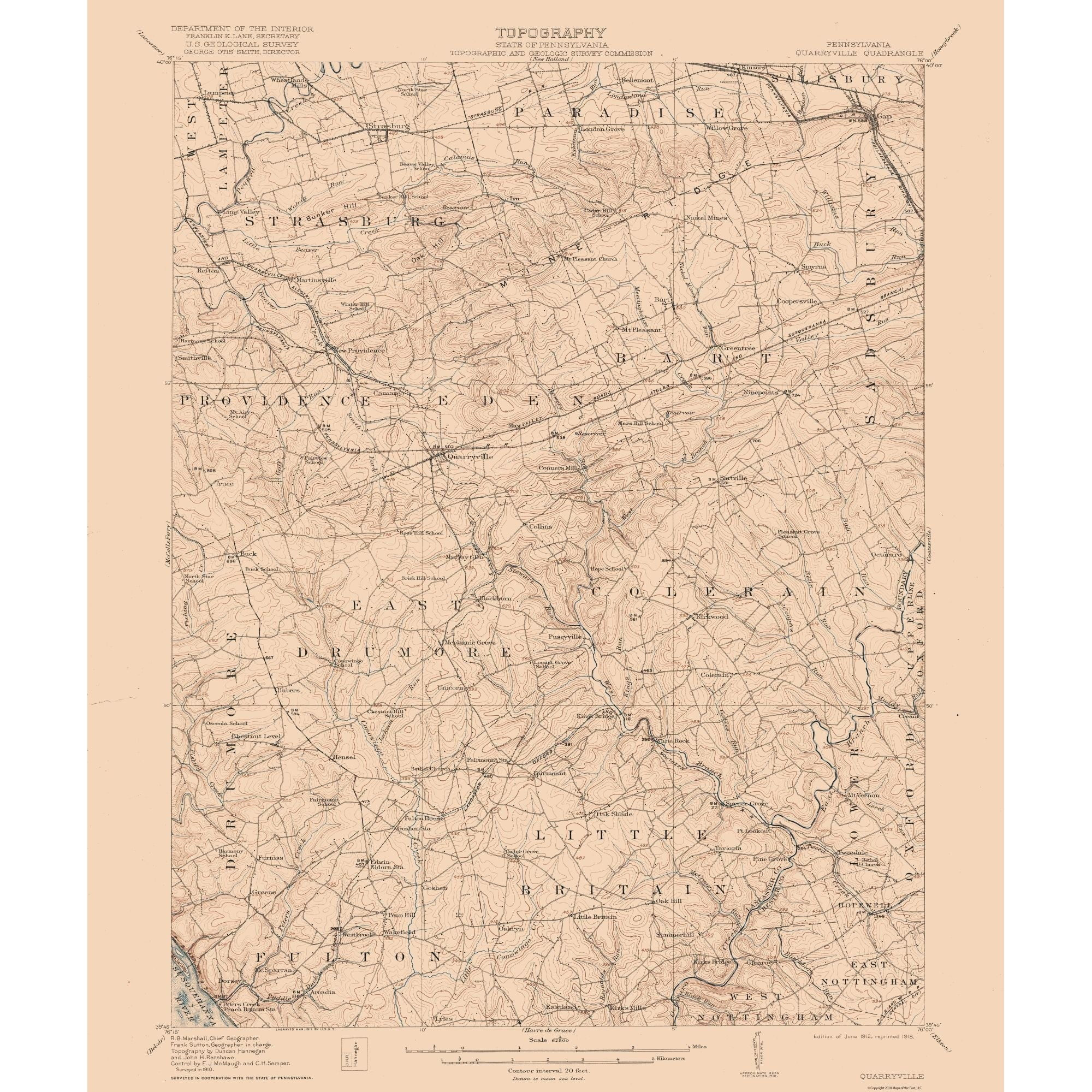 Topographical Map - Quarryville Pennsylvania Quad - USGS 1912 - 23 x 27 ...
