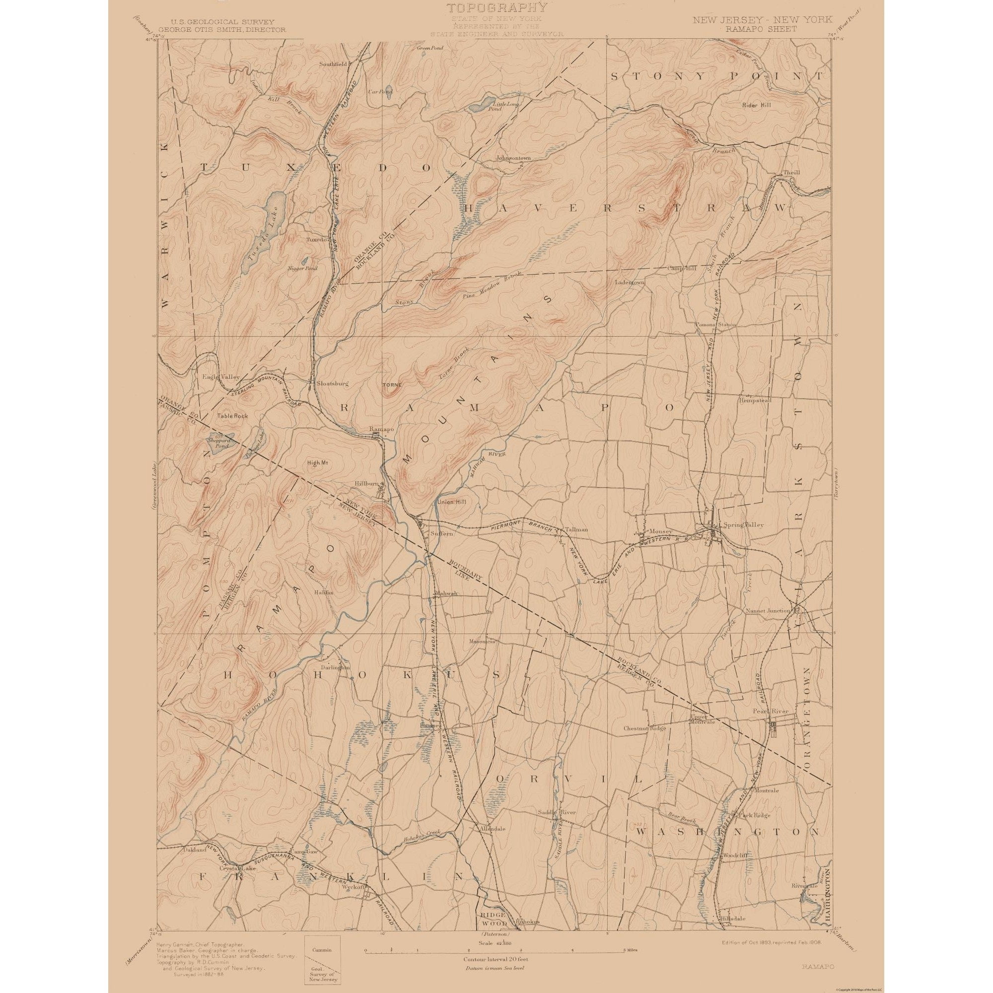 Topographical Map - Ramapo New York Sheet - USGS 1893 - 23 x 29.43 ...