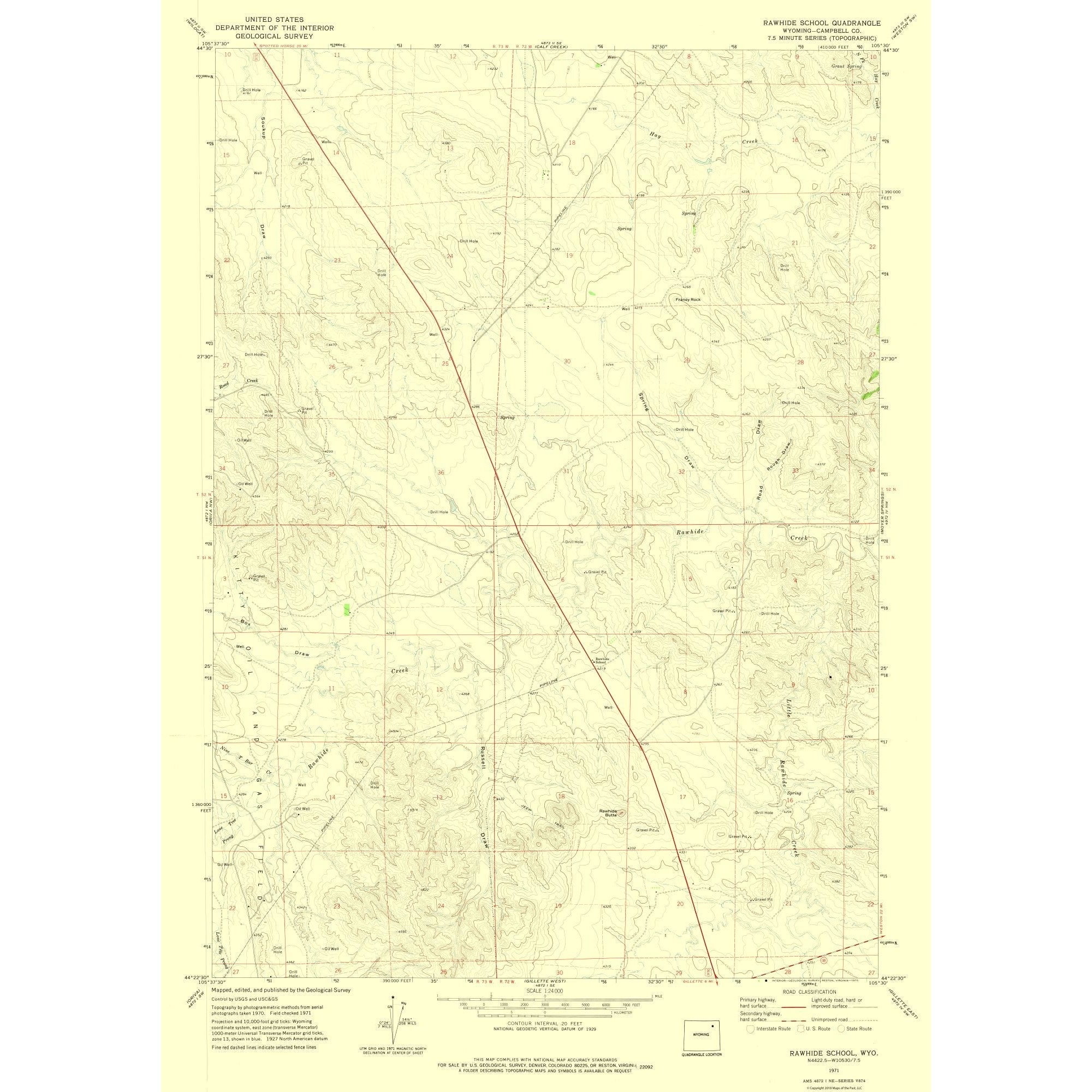 Topographical Map - Rawhide School Wyoming Quad - USGS 1971 - 23 x 32. ...