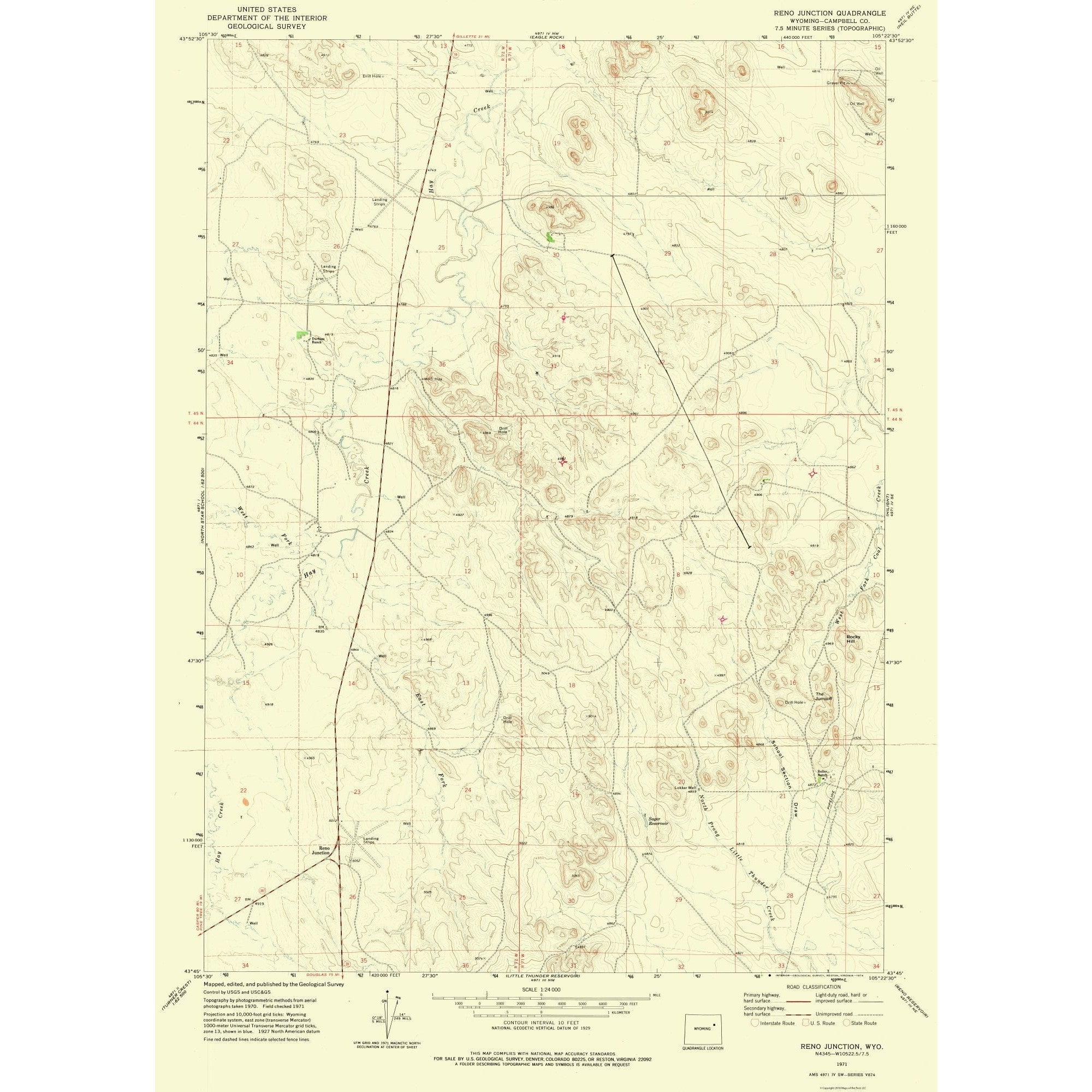 Topographical Map - Reno Junction Wyoming Quad - USGS 1971 - 23 x 32.11 ...