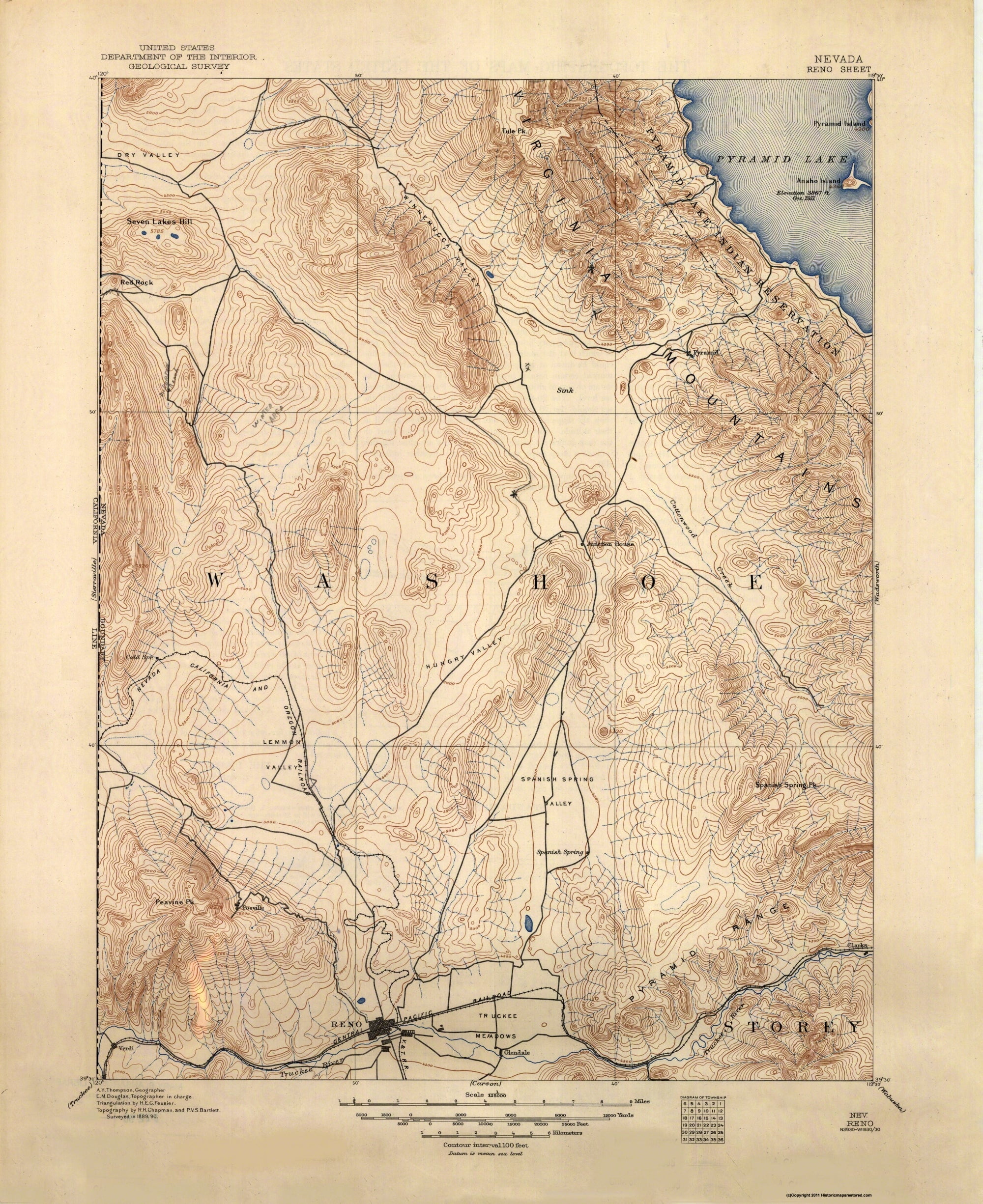 Topographical Map - Reno Nevada Sheet - USGS 1893 - 23 x 28.19 ...
