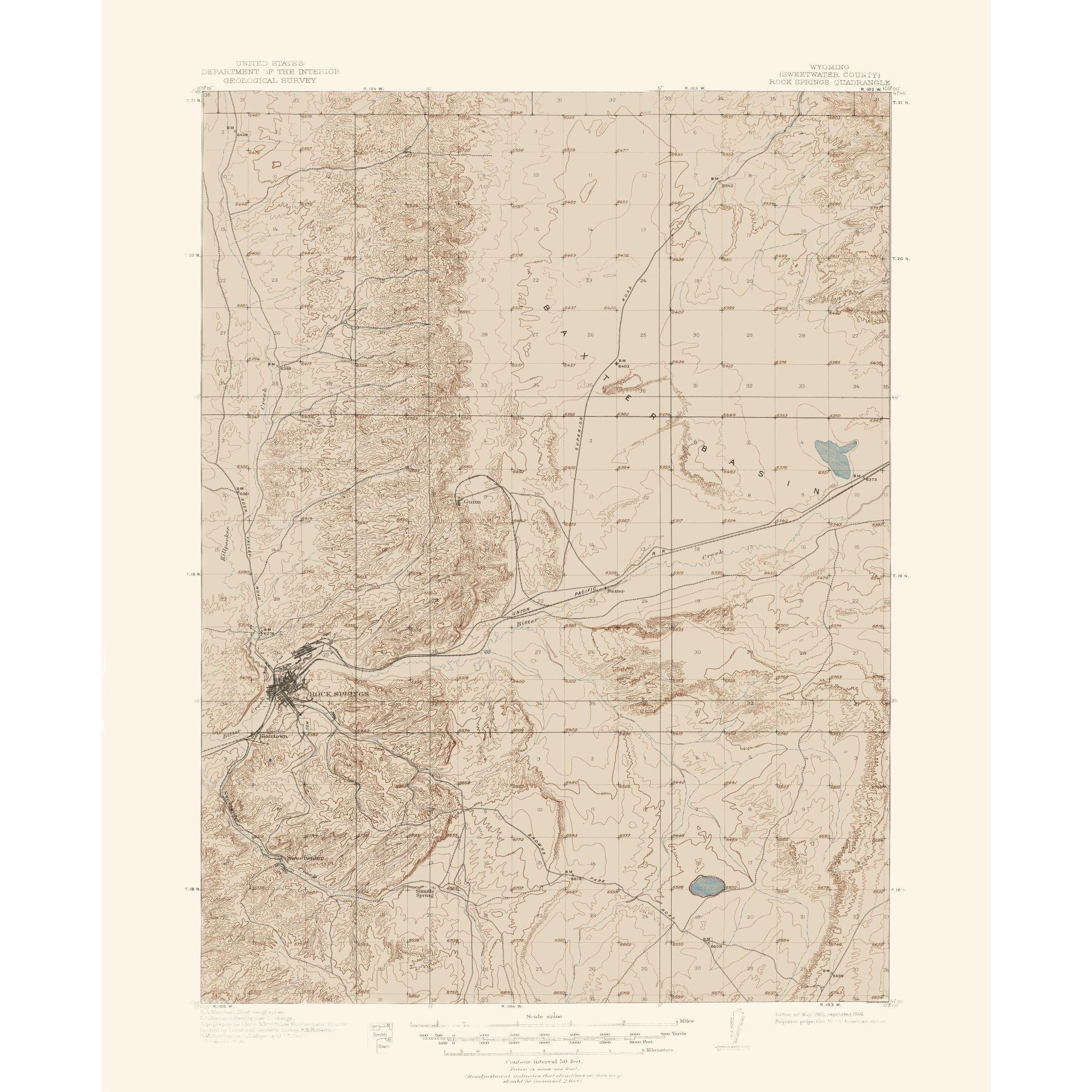 Topographical Map - Rock Springs Wyoming Quad - USGS 1910 - 23 x 28.25 ...