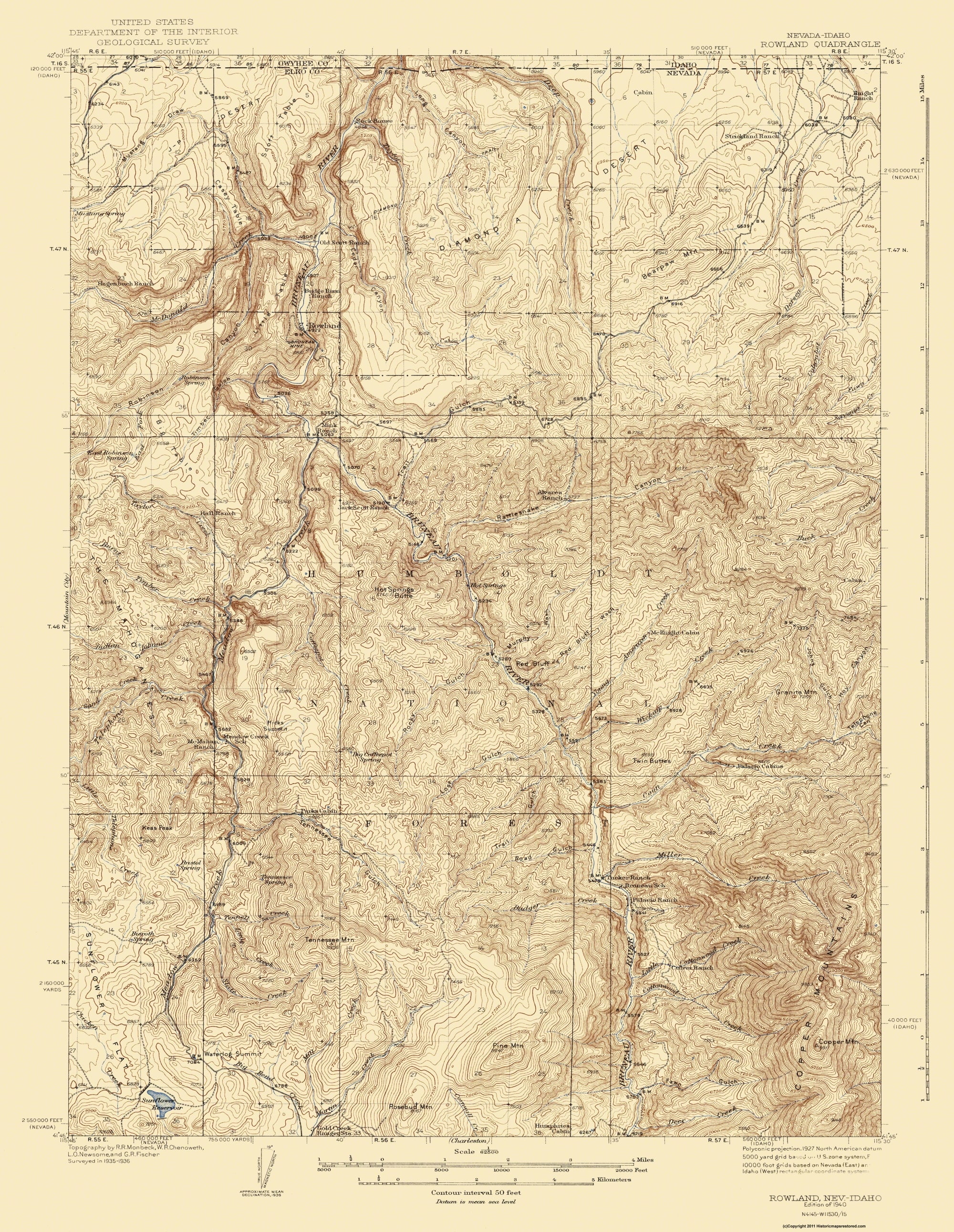 Topographical Map - Rowland Nevada Idaho Quad - USGS 1940 - Vintage ...
