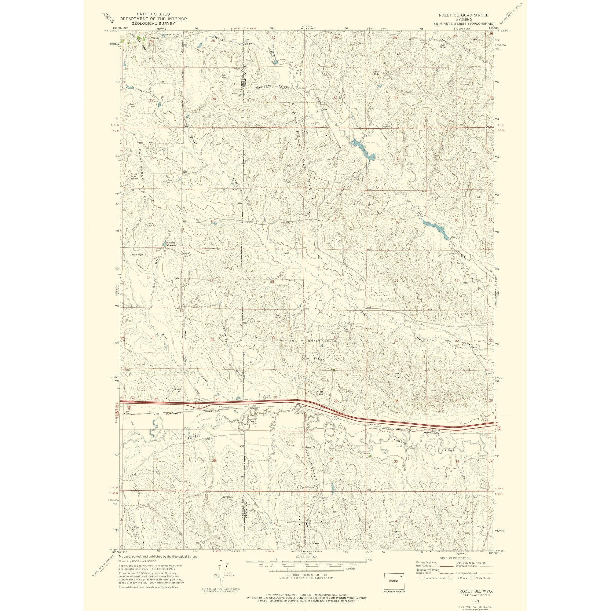 Topographical Map - Rozet Wyoming Quad - USGS 1971 - 23 x 31.70 ...