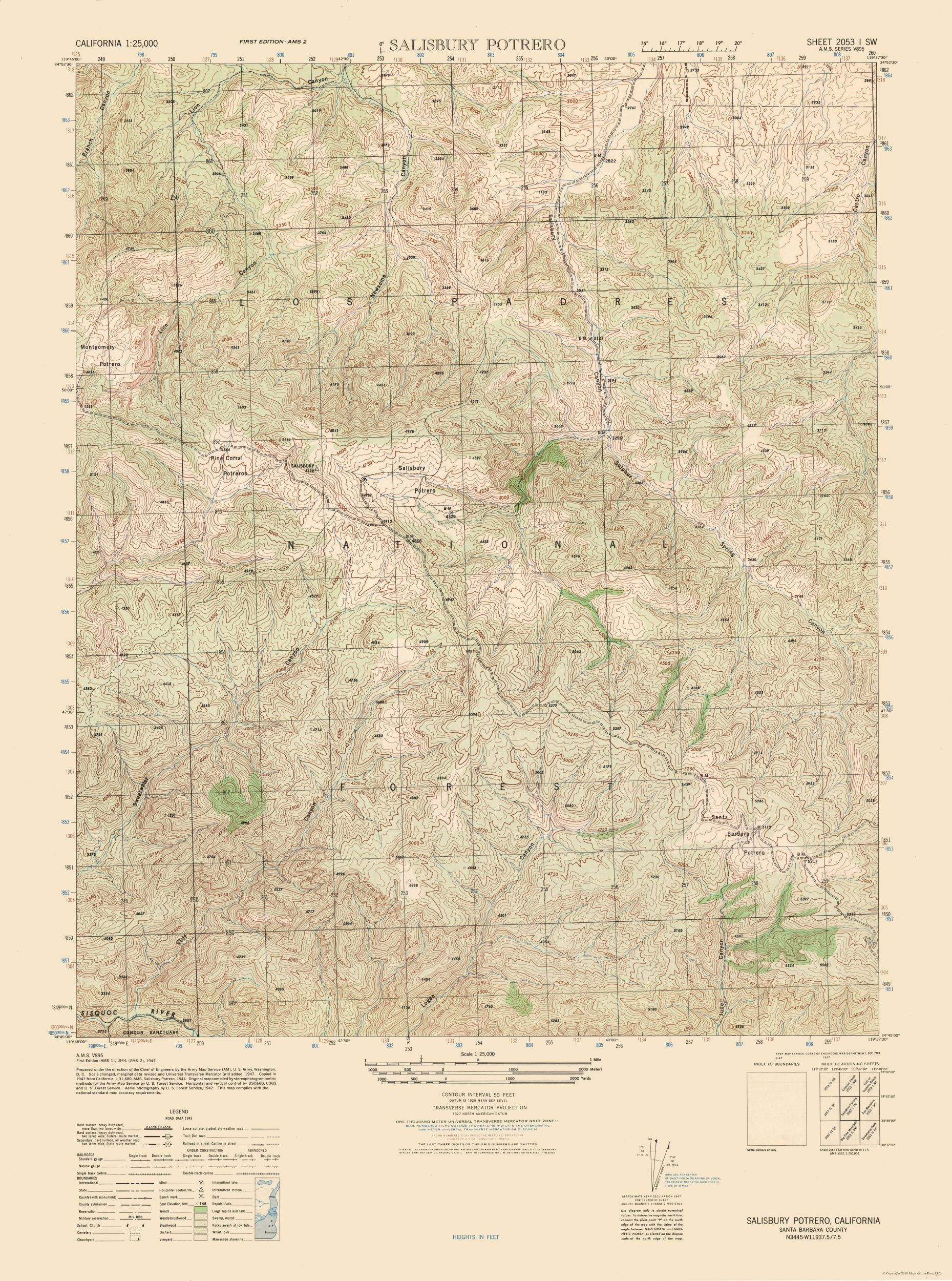 Topographical Map - Salisbury Potrero Sheet - US Army 1944 - 23 x 30.93 ...