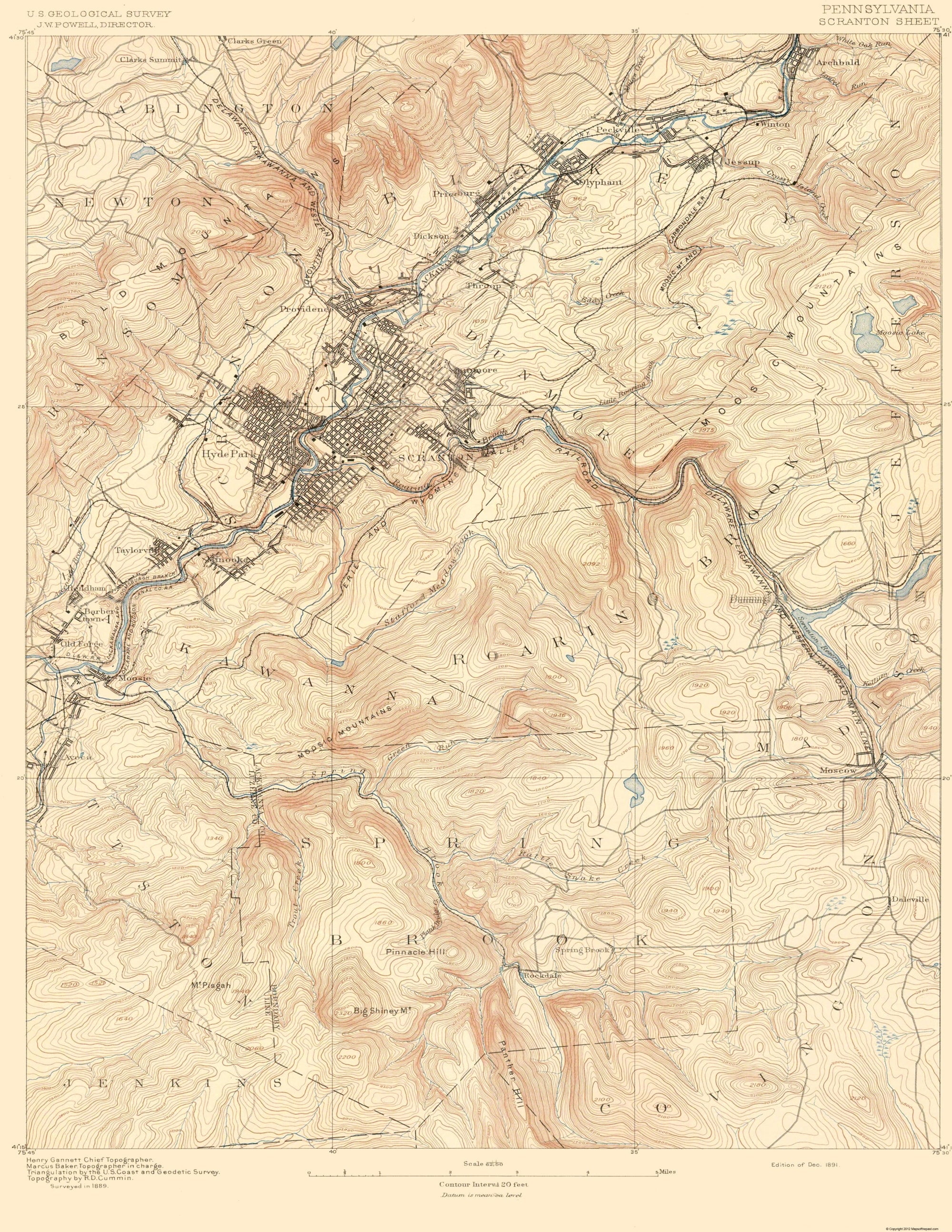 Topographical Map - Scranton Pennsylvania Sheet - USGS 1891 - 23 x 29. ...
