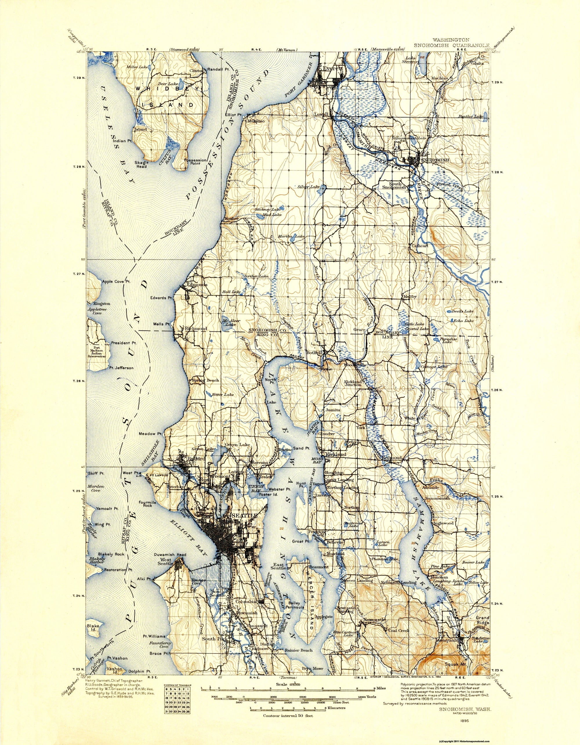 Topographical Map - Snohomish Washington Quad - USGS 1895 - 23 x 29.52 ...