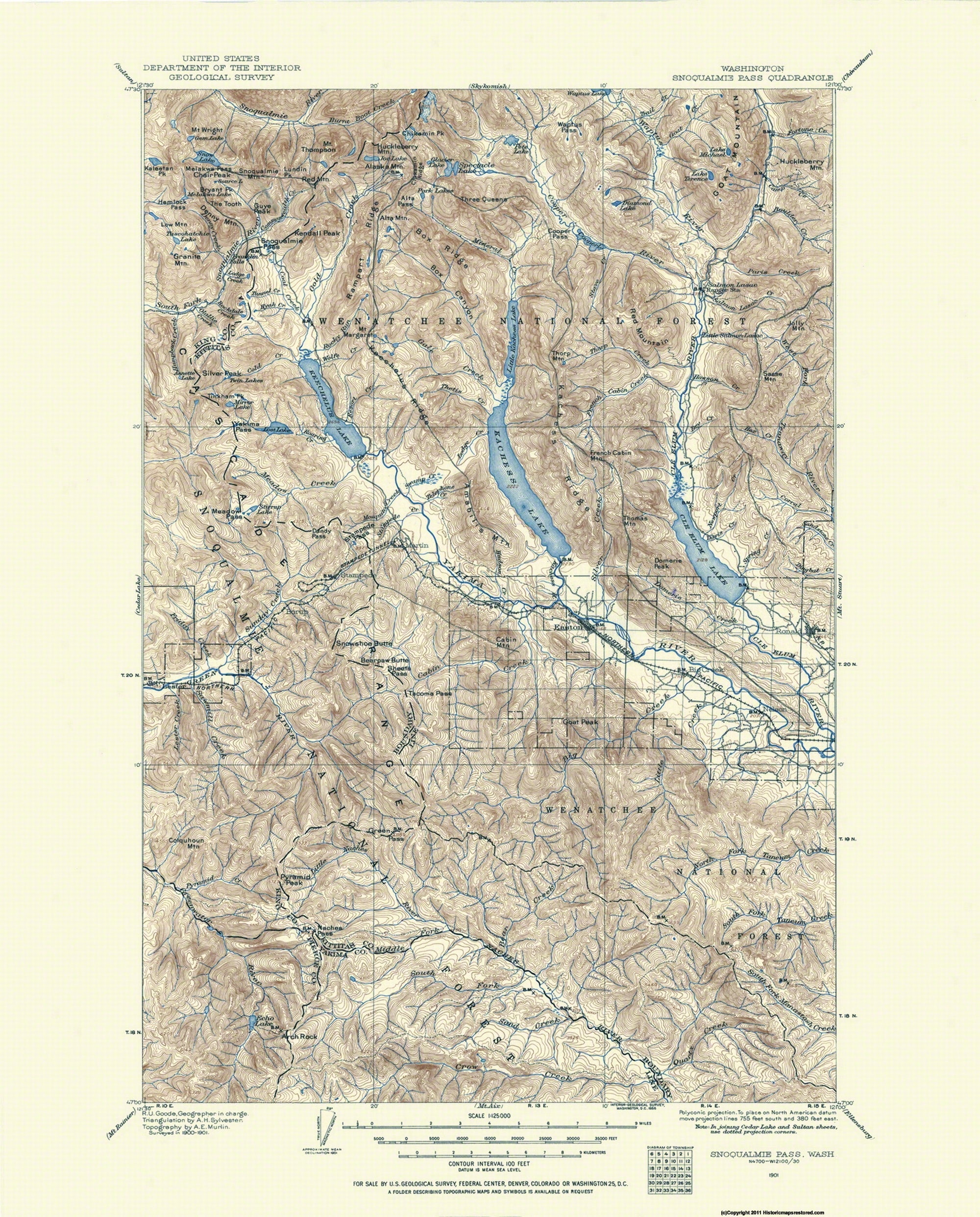 Topographical Map - Snoqualmie Pass Washington Quad - USGS 1901 - 23 x 28.56 - Vintage Wall Art ...